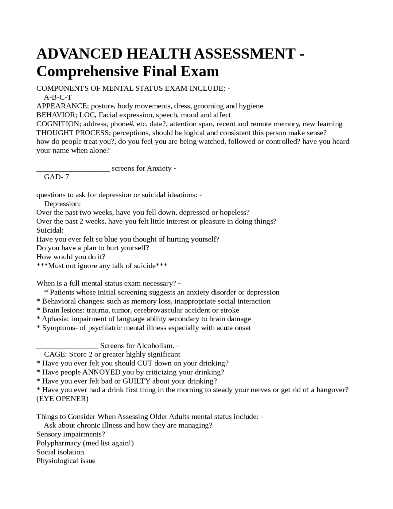 ADVANCED HEALTH ASSESSMENT - Comprehensive Final Exam | Exams Nursing ...