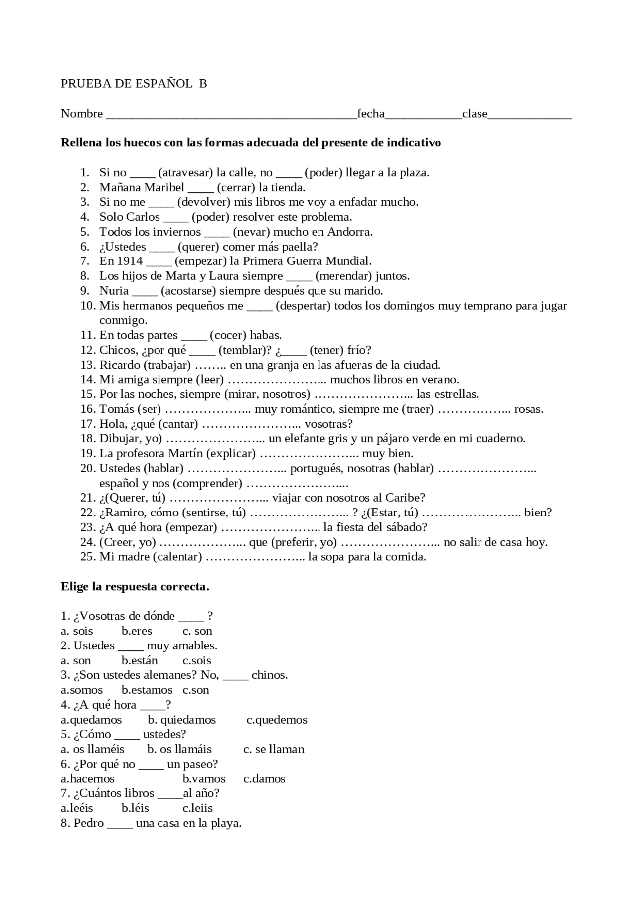 Prueba de espanola para estudiantes de espanol italianos | Ejercicios ...