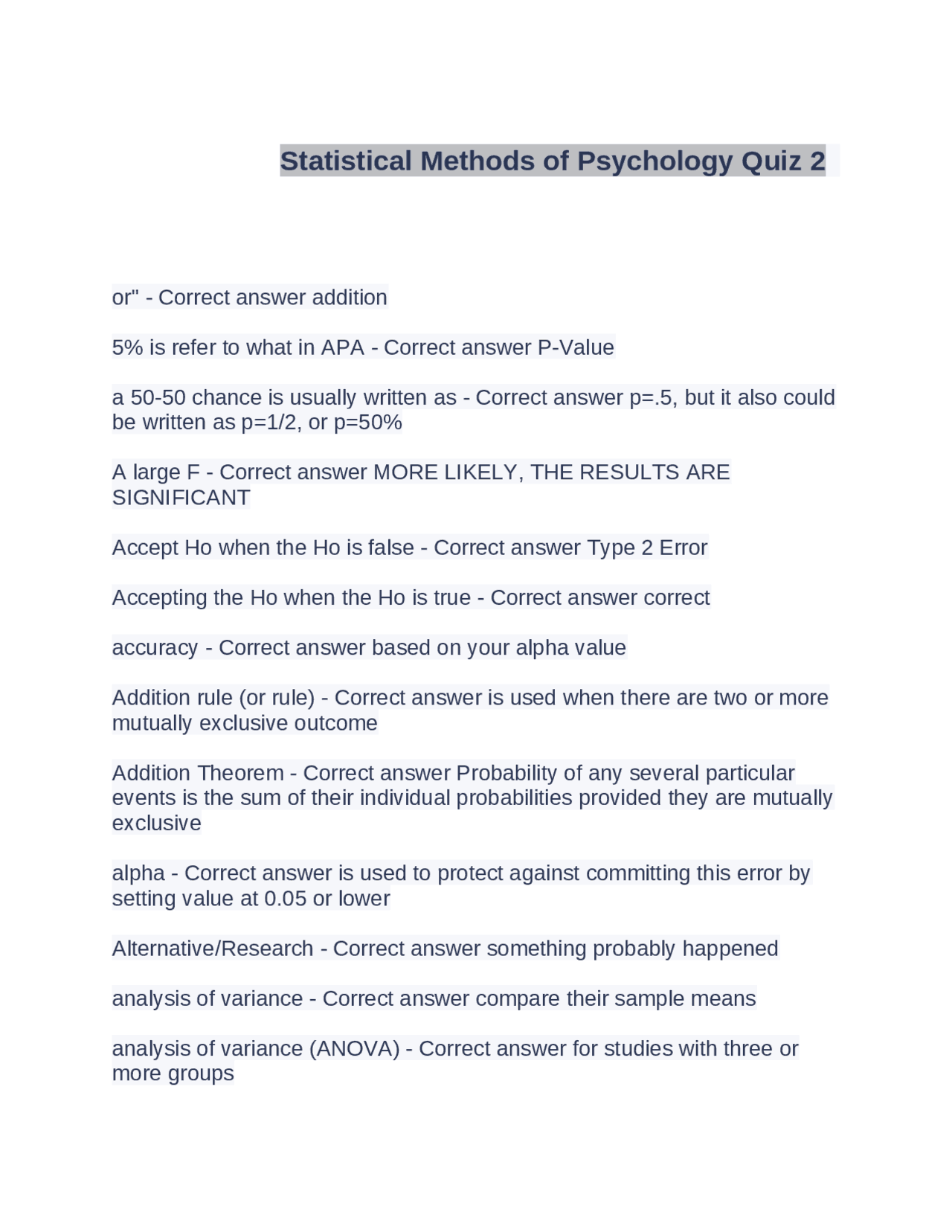 Statistical Methods Of Psychology Quiz 2 Exams Statistics Docsity