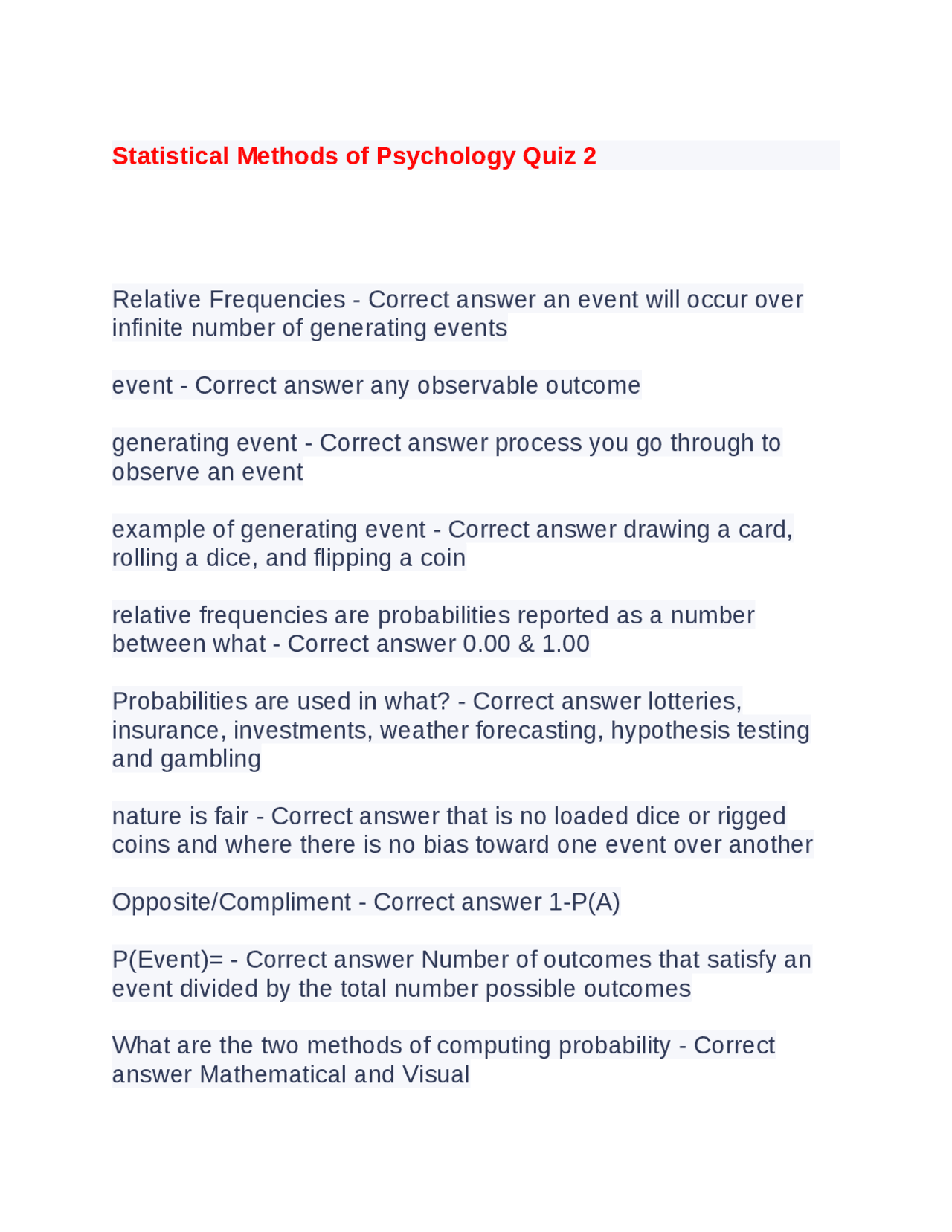 Statistical Methods of Psychology Quiz 2 | Exams Statistics | Docsity