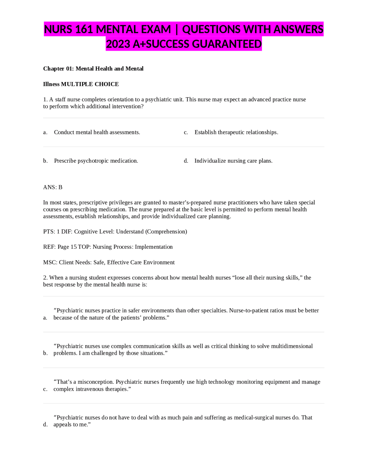 Nurs 161 Mental Exam Questions With Answers 2023 Asuccess Guaranteed
