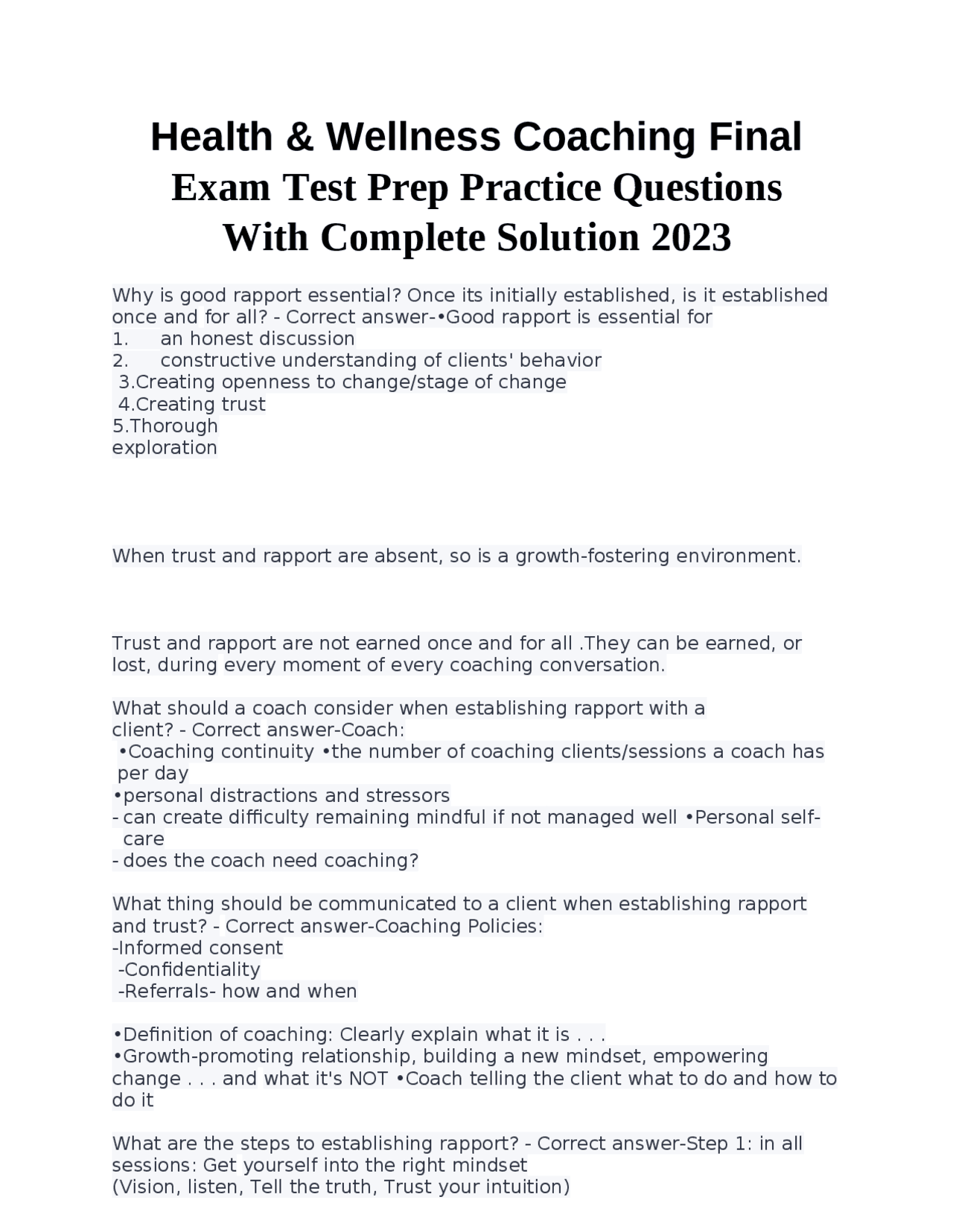 Health & Wellness Coaching Final Exam Test Prep Practice Questions With ...