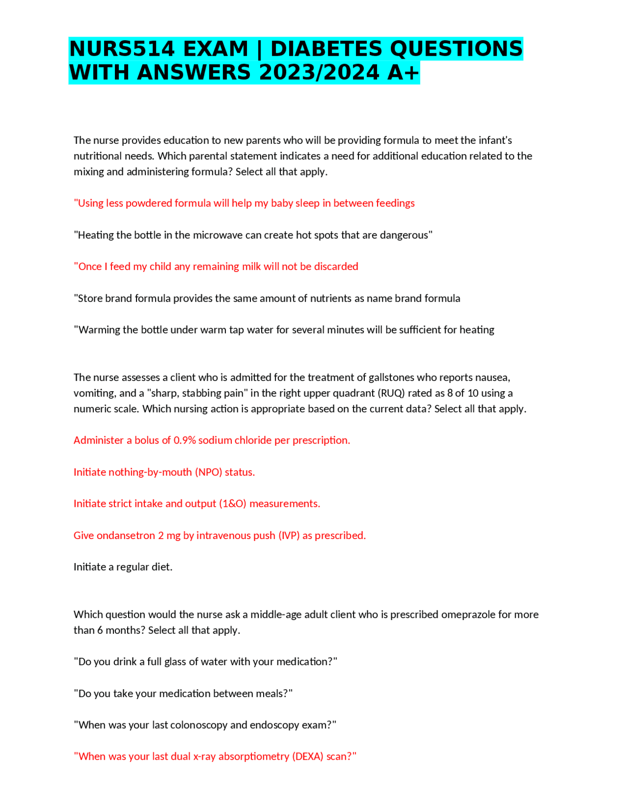 NURS514 Exam: Diabetes Questions with Answers | Exams Nursing | Docsity