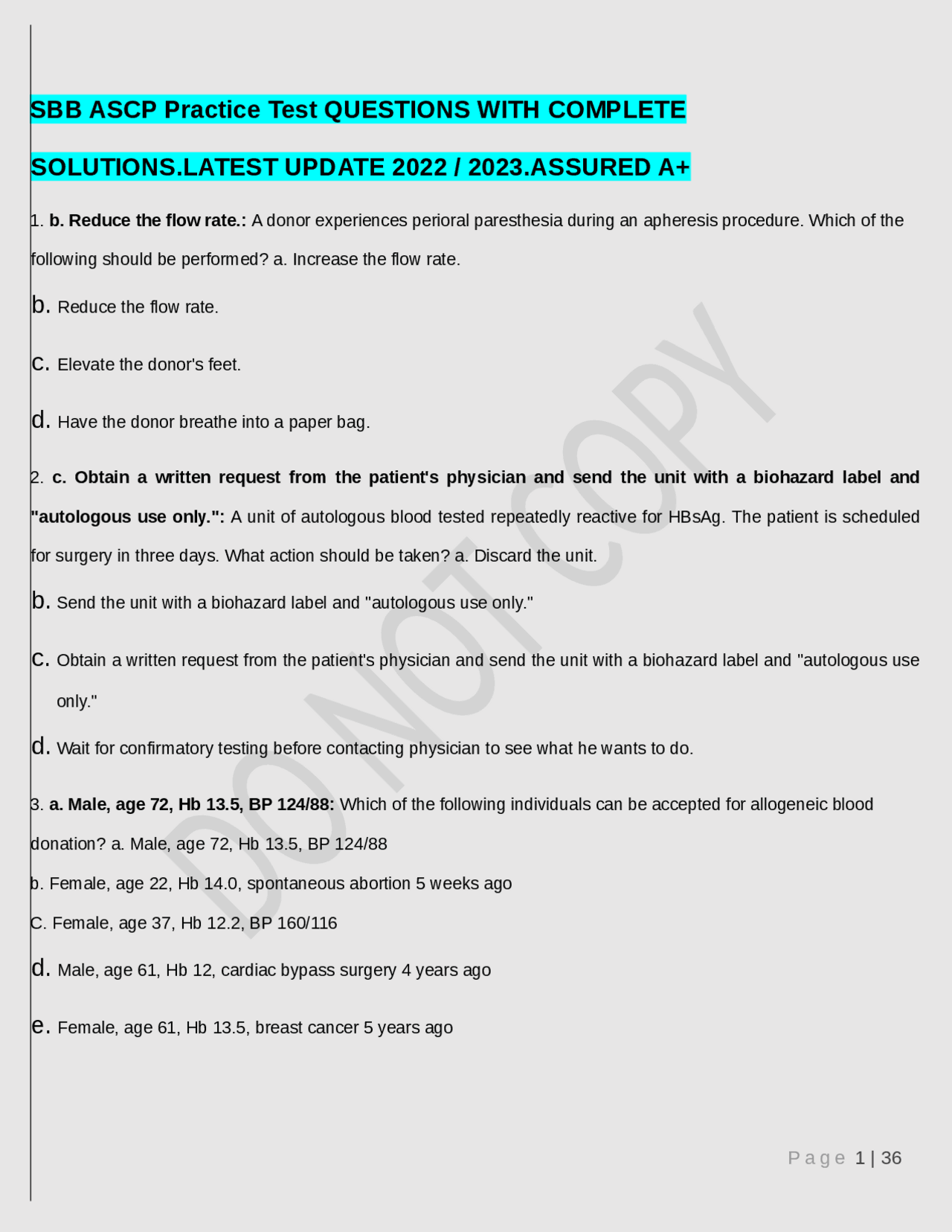 SBB ASCP Practice Test QUESTIONS WITH COMPLETE SOLUTIONS.LATEST UPDATE ...