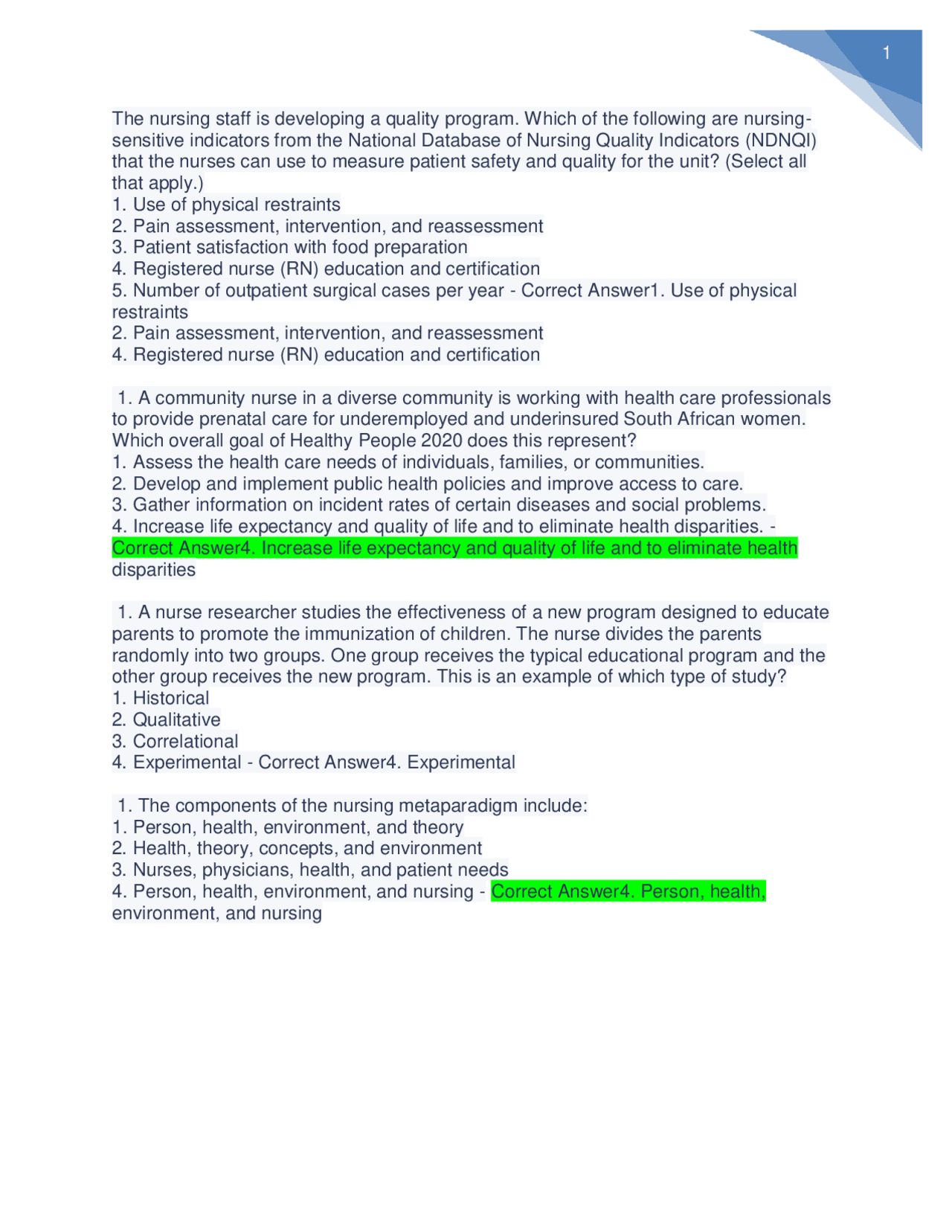 Nursing Practice Questions and Answers | Exams Nursing | Docsity