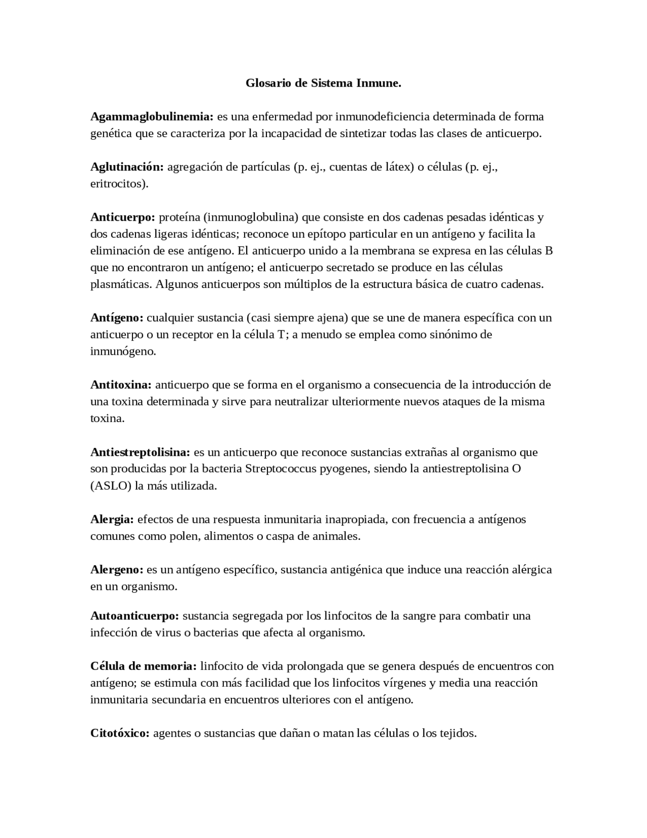 Glosario De Inmunología Ejercicios De Inmunología Docsity