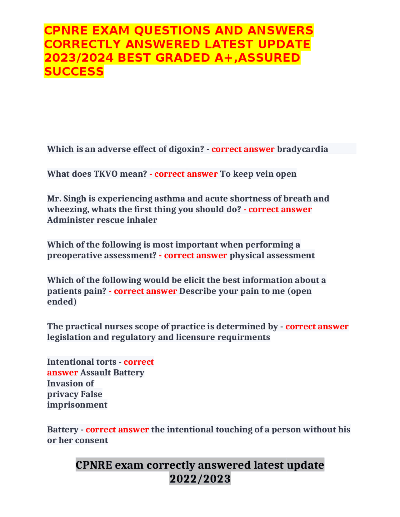 CPNRE EXAM QUESTIONS AND ANSWERS CORRECTLY ANSWERED LATEST UPDATE 2023/ ...