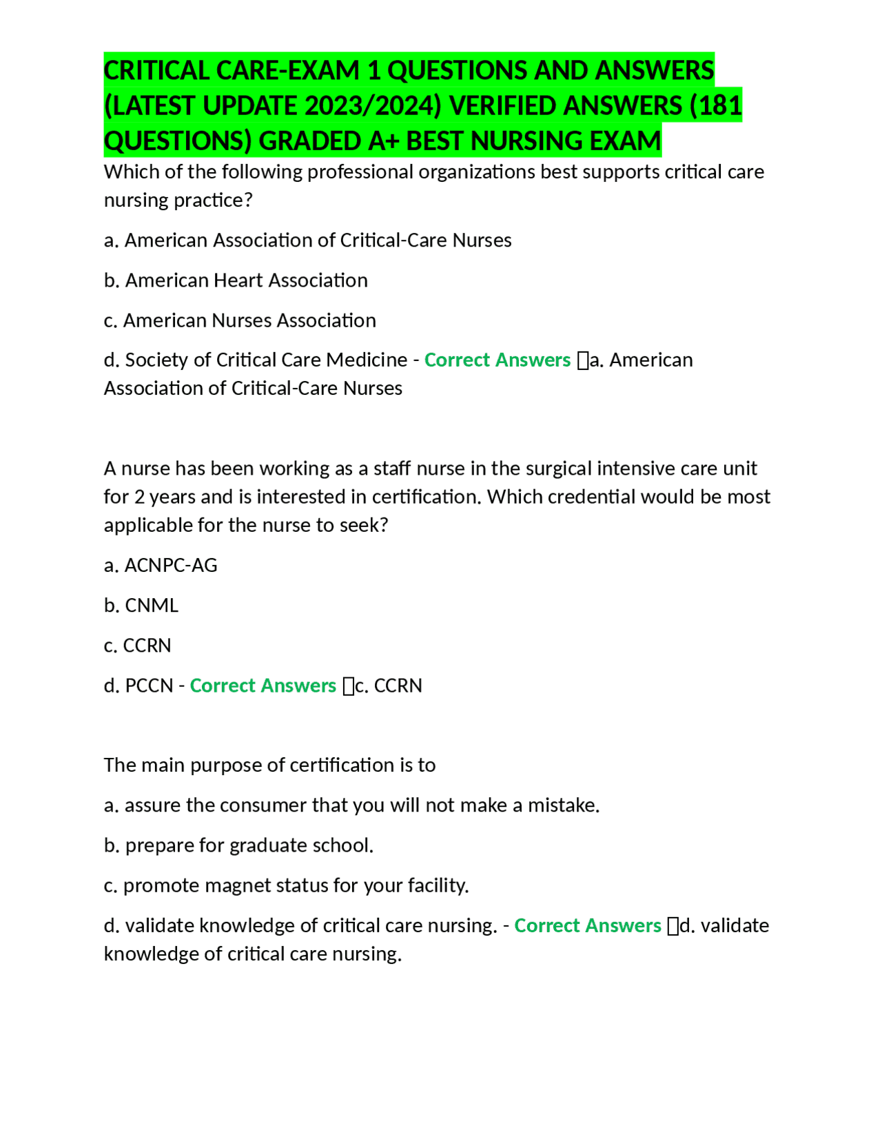 CRITICAL CARE-EXAM 1 QUESTIONS AND ANSWERS (LATEST UPDATE 2023/2024 ...