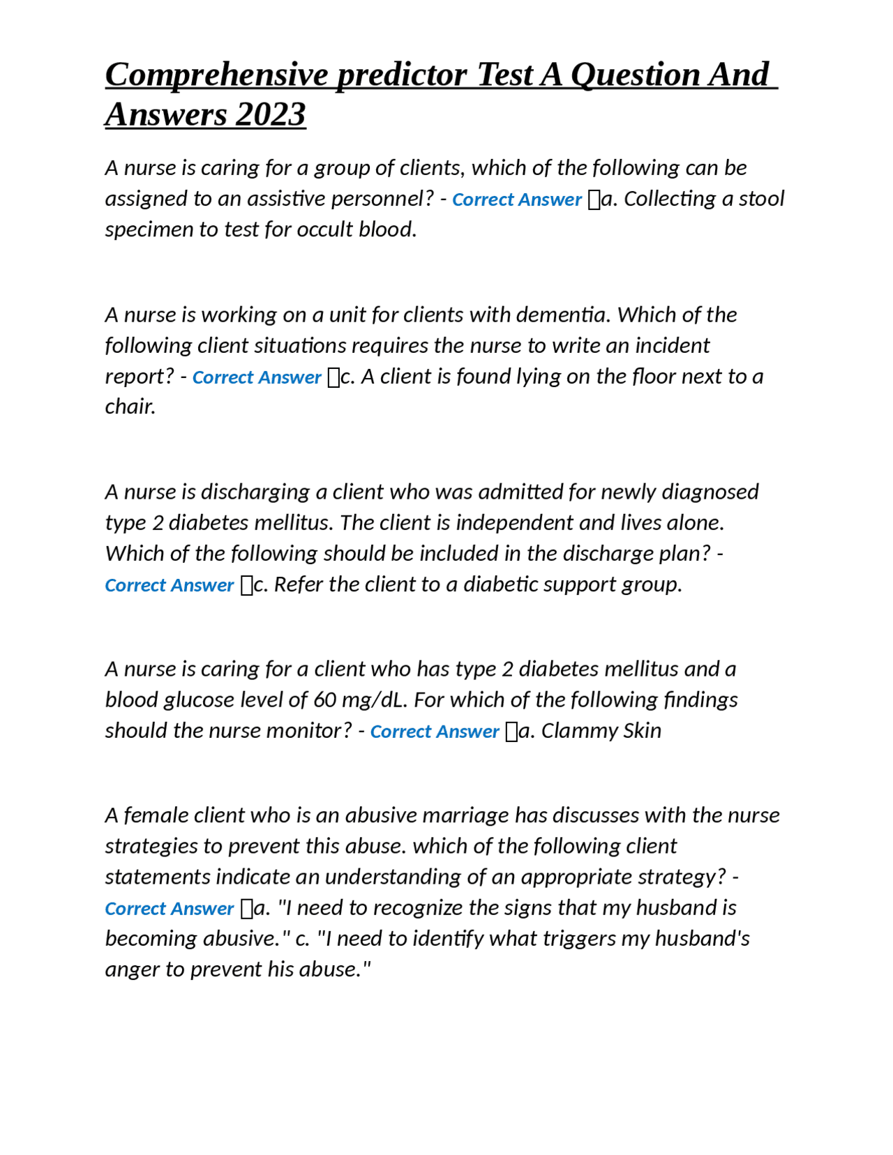 Comprehensive predictor Test A Question And Answers 2023 | Exams ...