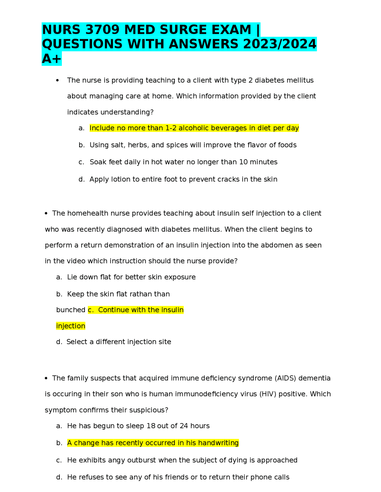 Nurs 3709 Med Surge Exam Questions With Answers 20232024 A Exams