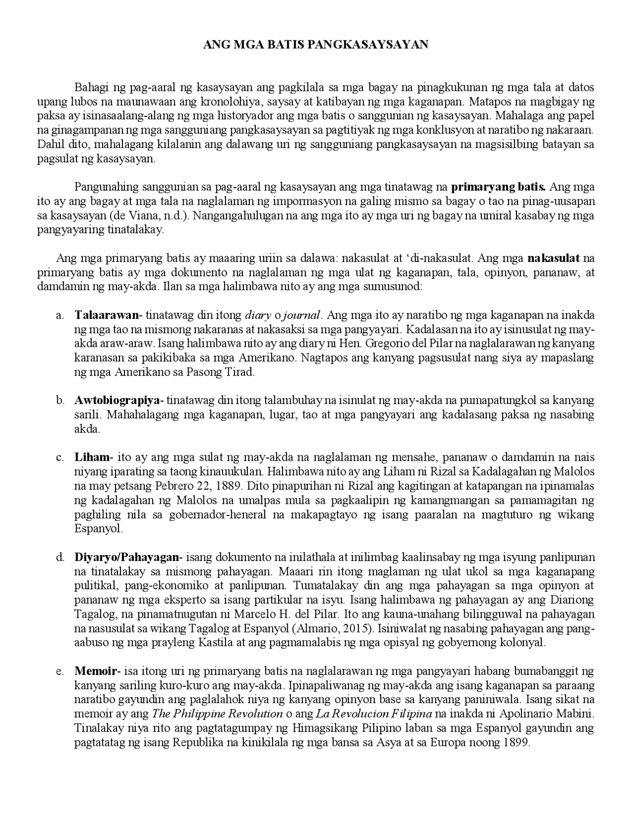 ANG MGA BATIS PANGKASAYSAYAN | Lecture notes History | Docsity