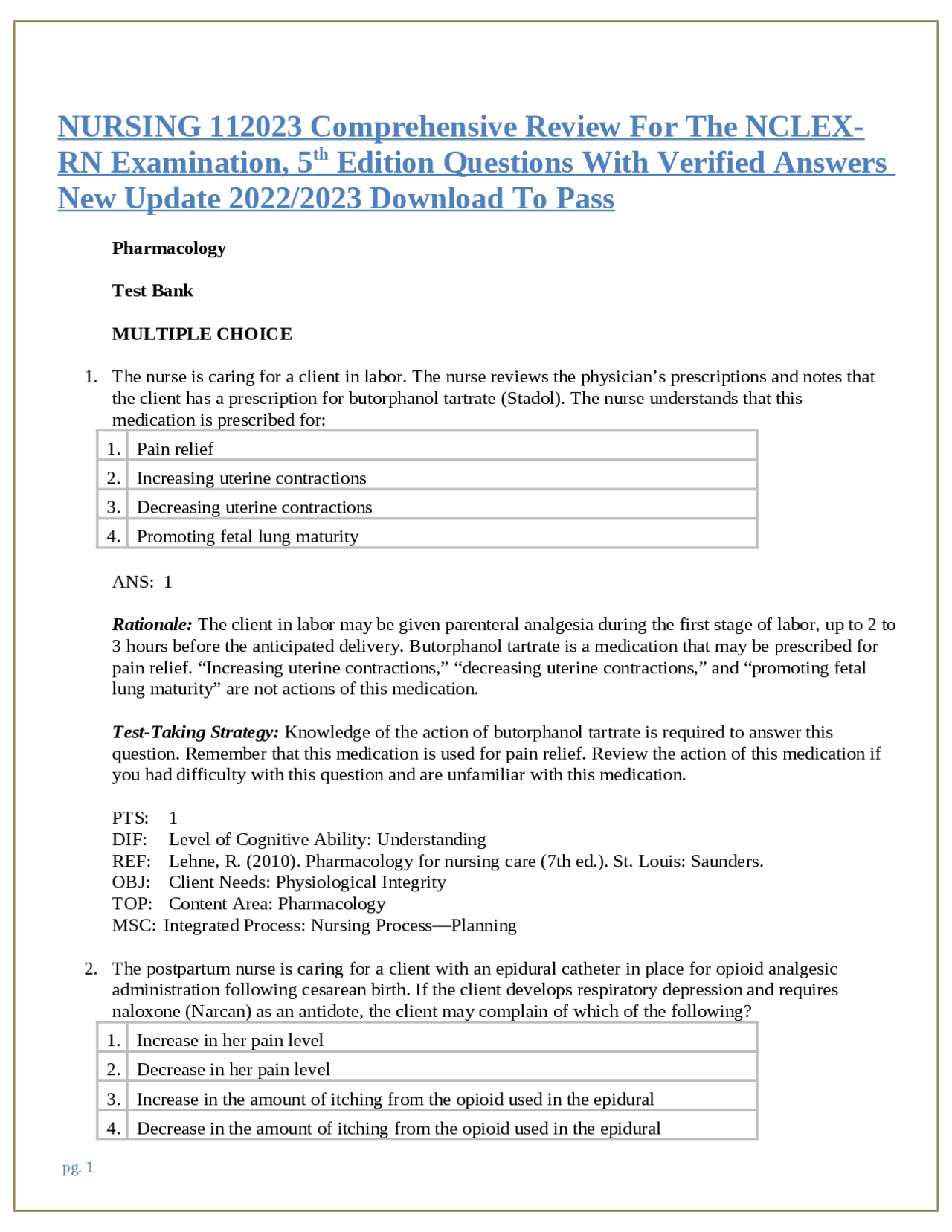 NURSING 112023 Comprehensive Review For The NCLEX-RN Examination, 5th ...