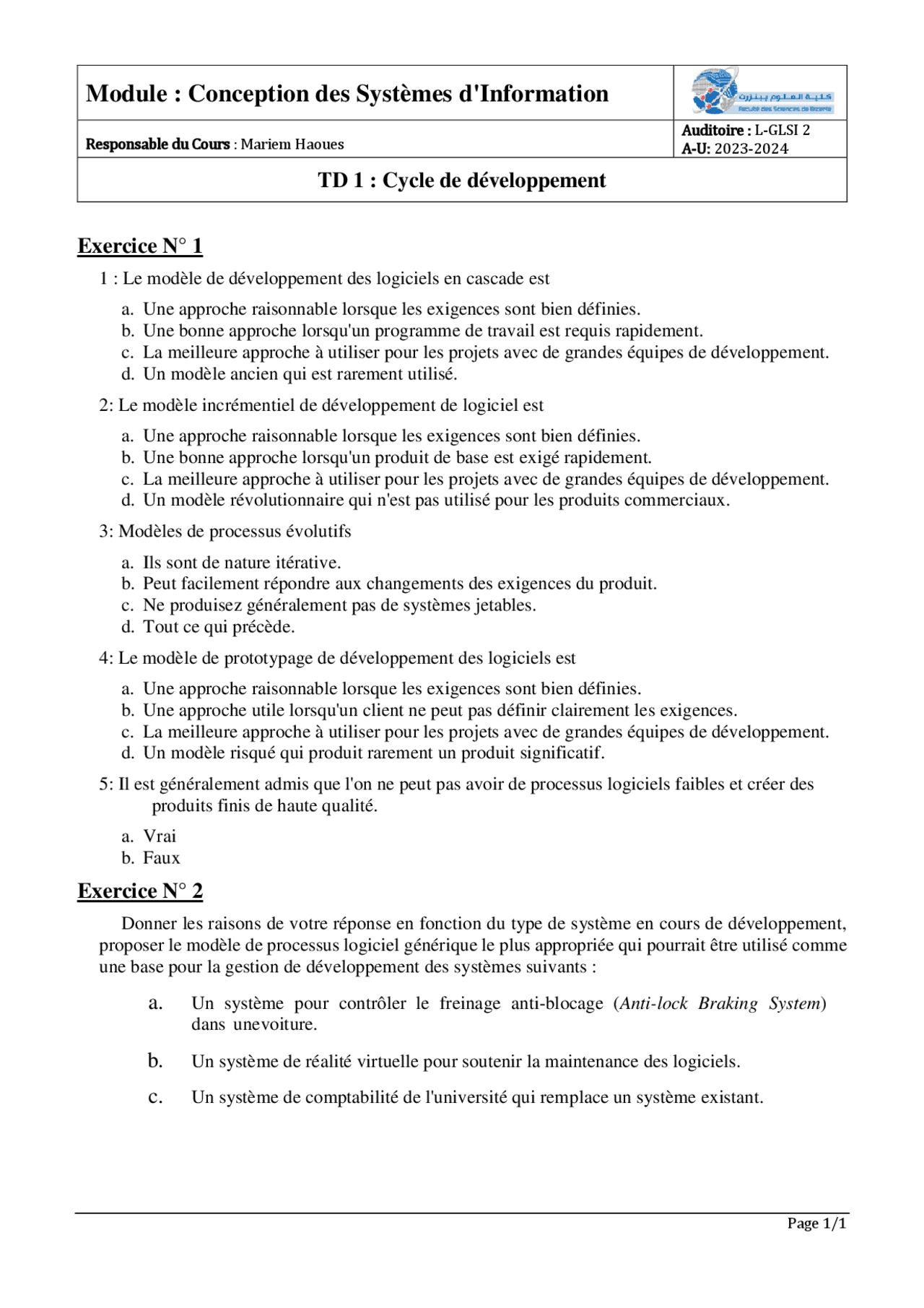 Conception Des Sys Info Exercises Computer Programming Docsity