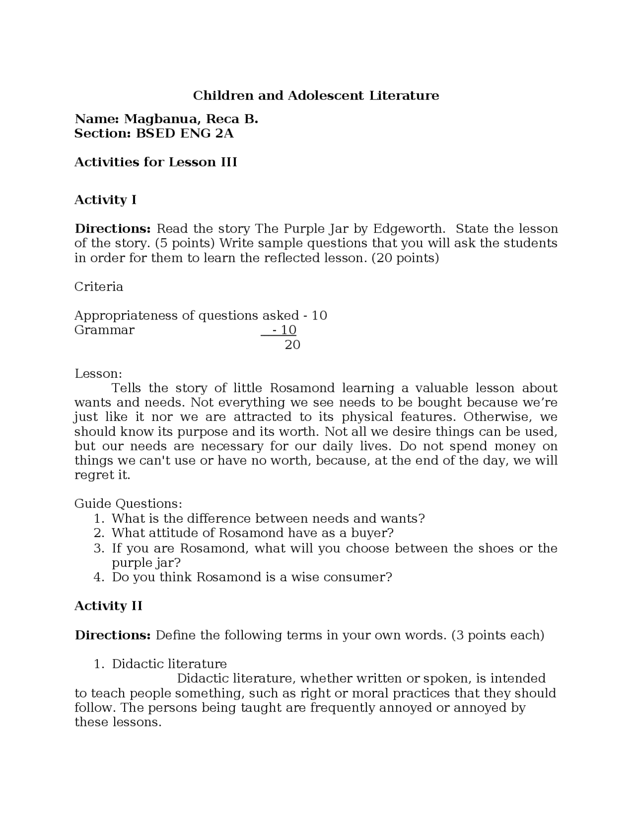 Child adolescence and literature | Exercises English Literature | Docsity