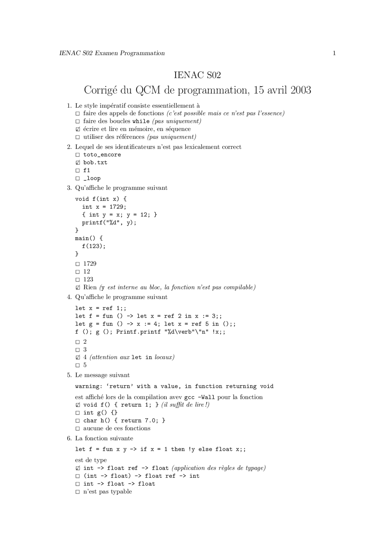 Qcm Langage C Et Programation Langage C Examens C Langage Docsity
