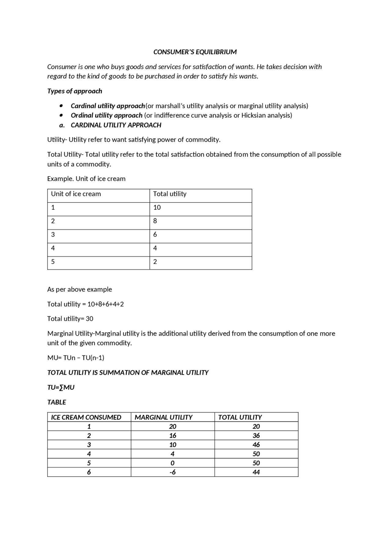 Consumer equilibrium | Summaries Economics | Docsity