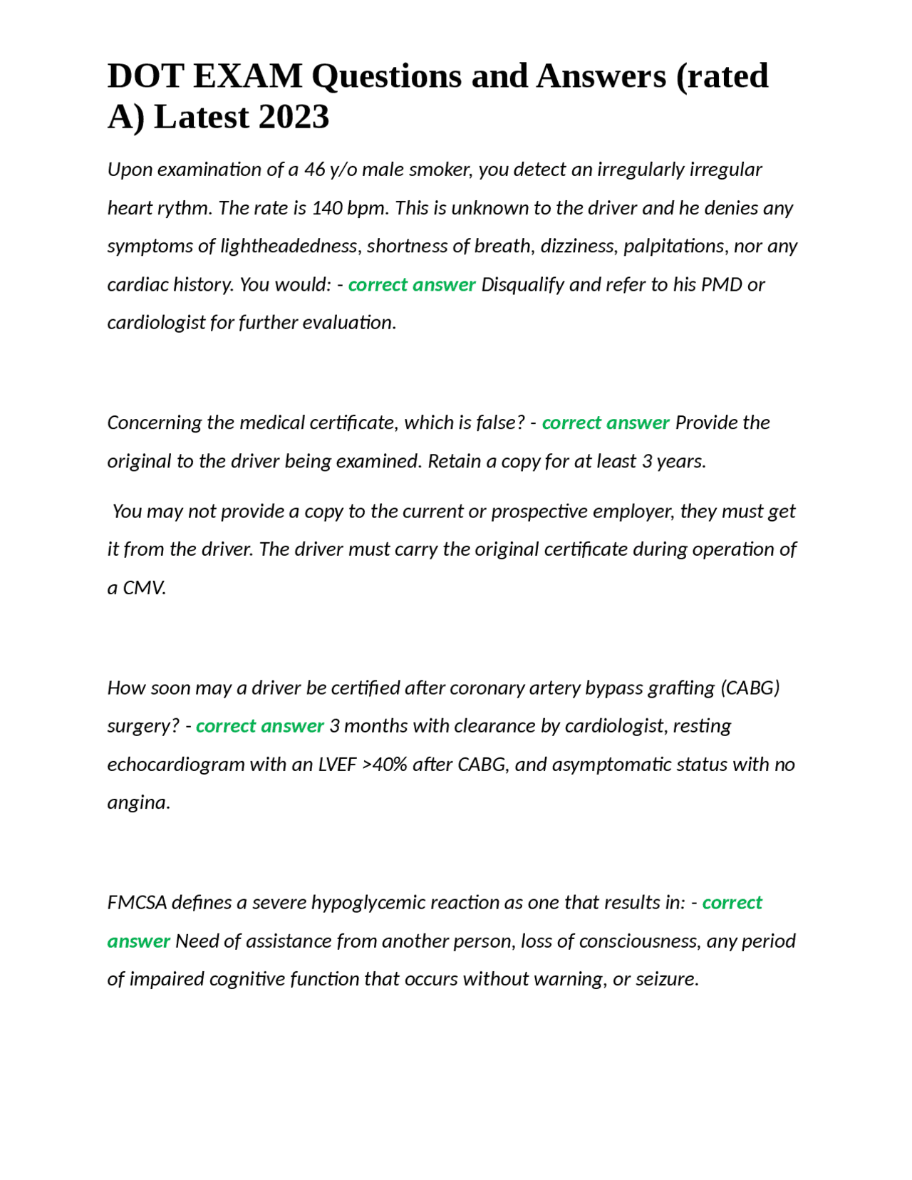 DOT EXAM Questions and Answers (rated A) Latest 2023 | Exams Nursing ...