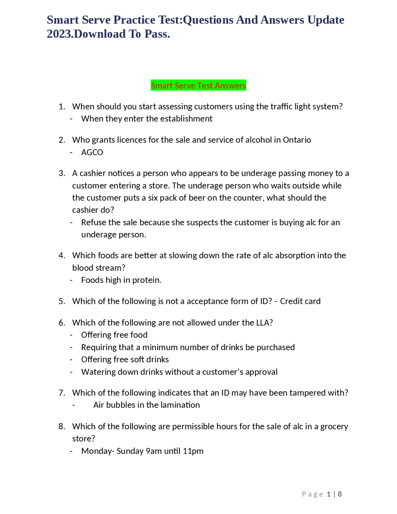 Smart Serve Practice Testquestions And Answers Update 2023download To