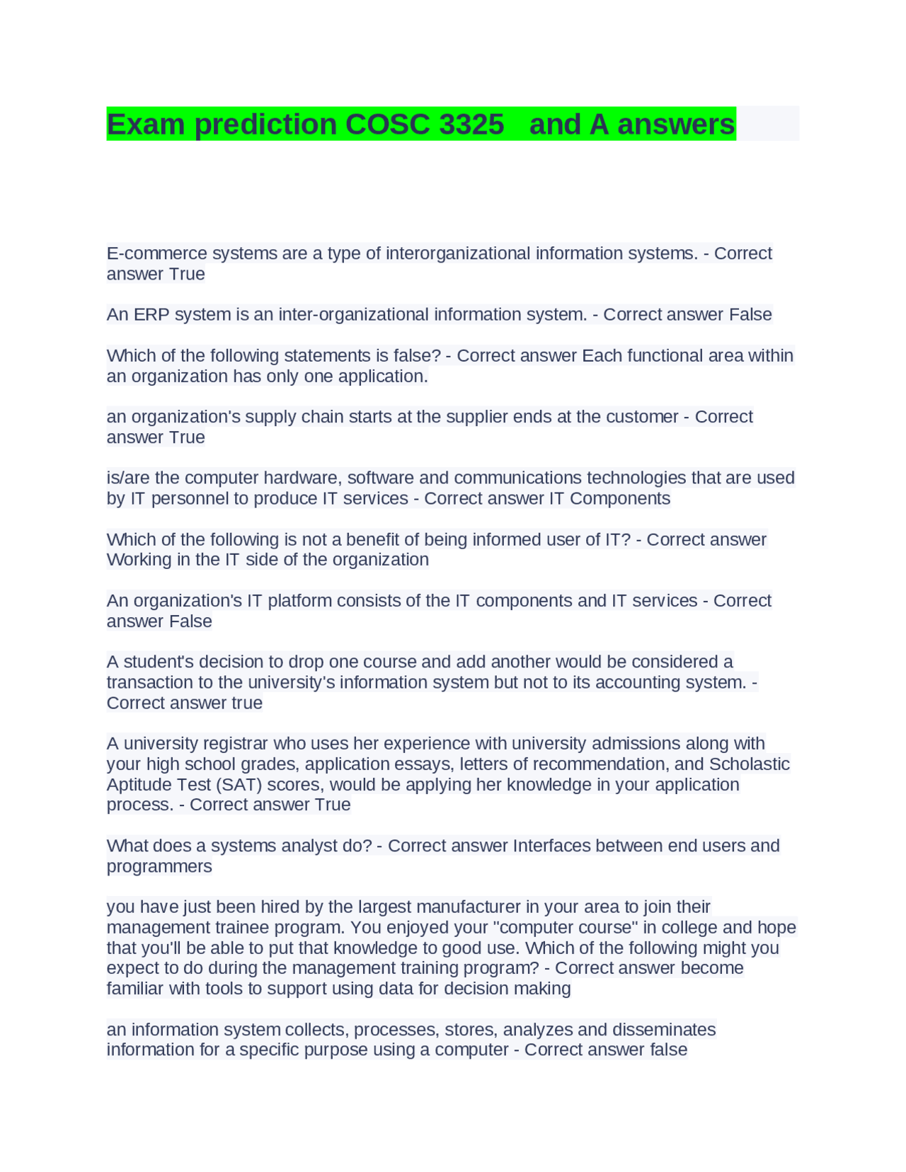 Exam Prediction Cosc 3325 And A Answers Exams Business Fundamentals