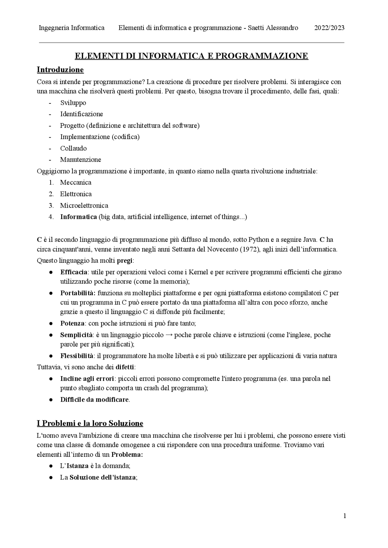 Elementi di informatica e programmazione. | Appunti di Elementi di Informatica | Docsity