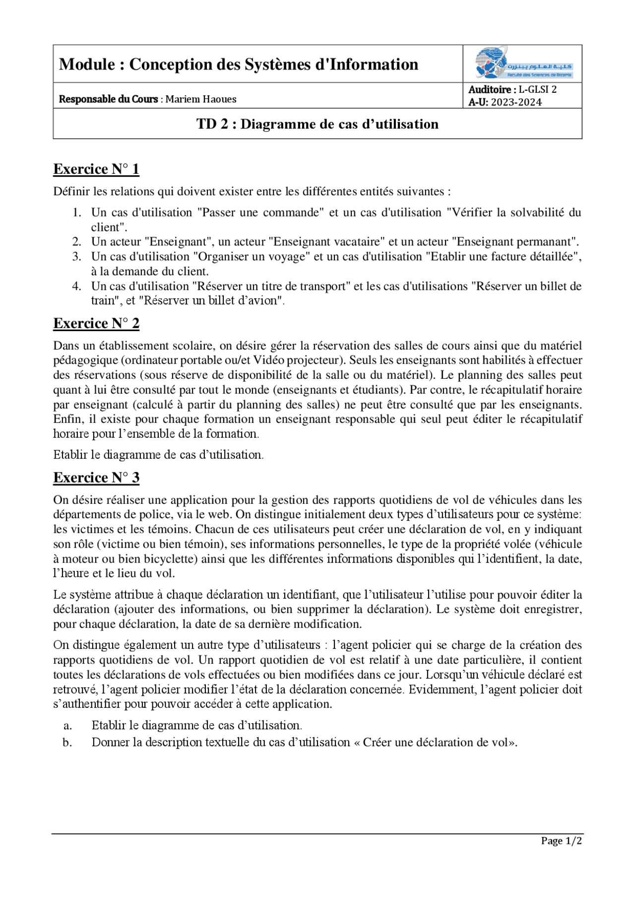 Conception des sys info | Exercises Computer Programming | Docsity