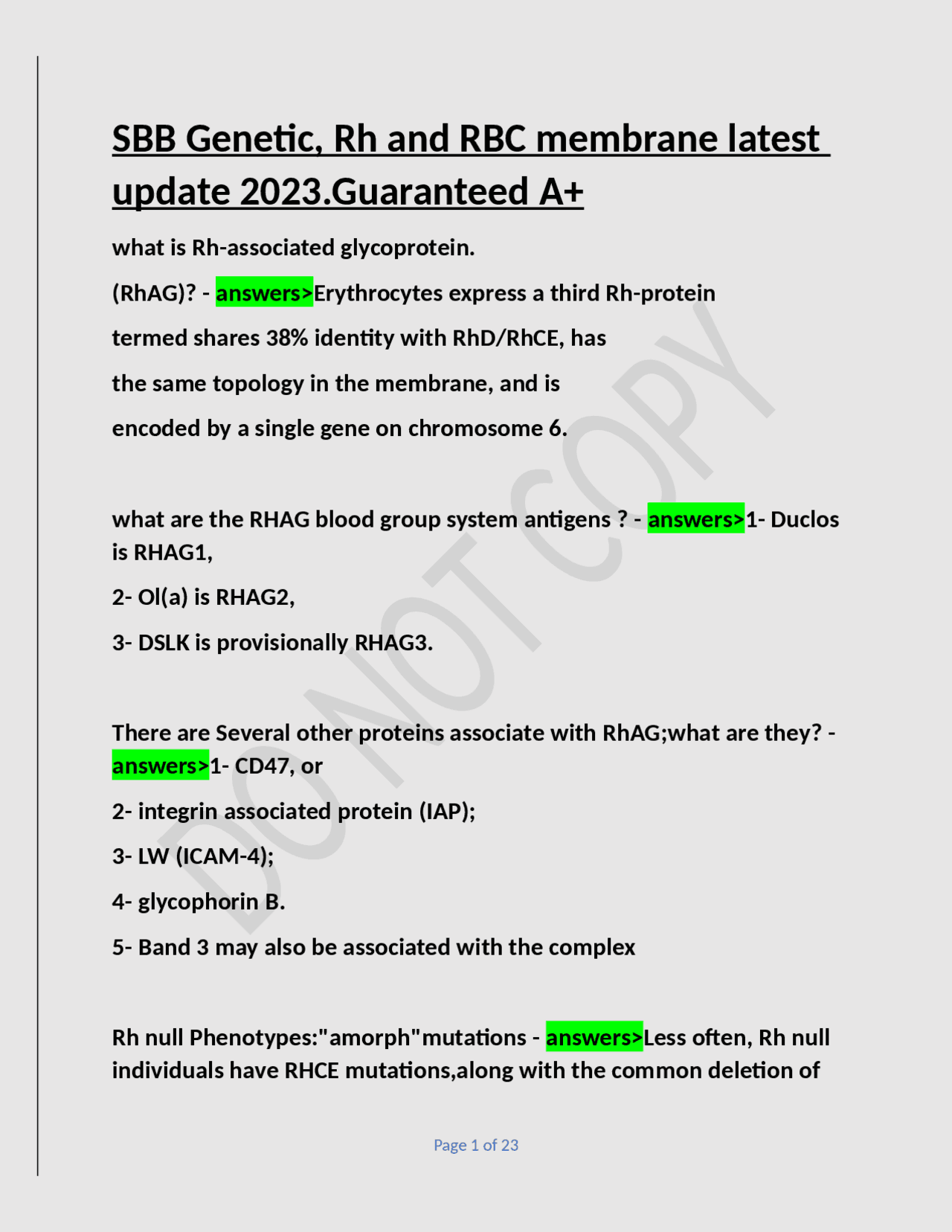 SBB Genetic, Rh and RBC membrane latest update 2023.Guaranteed A+ ...