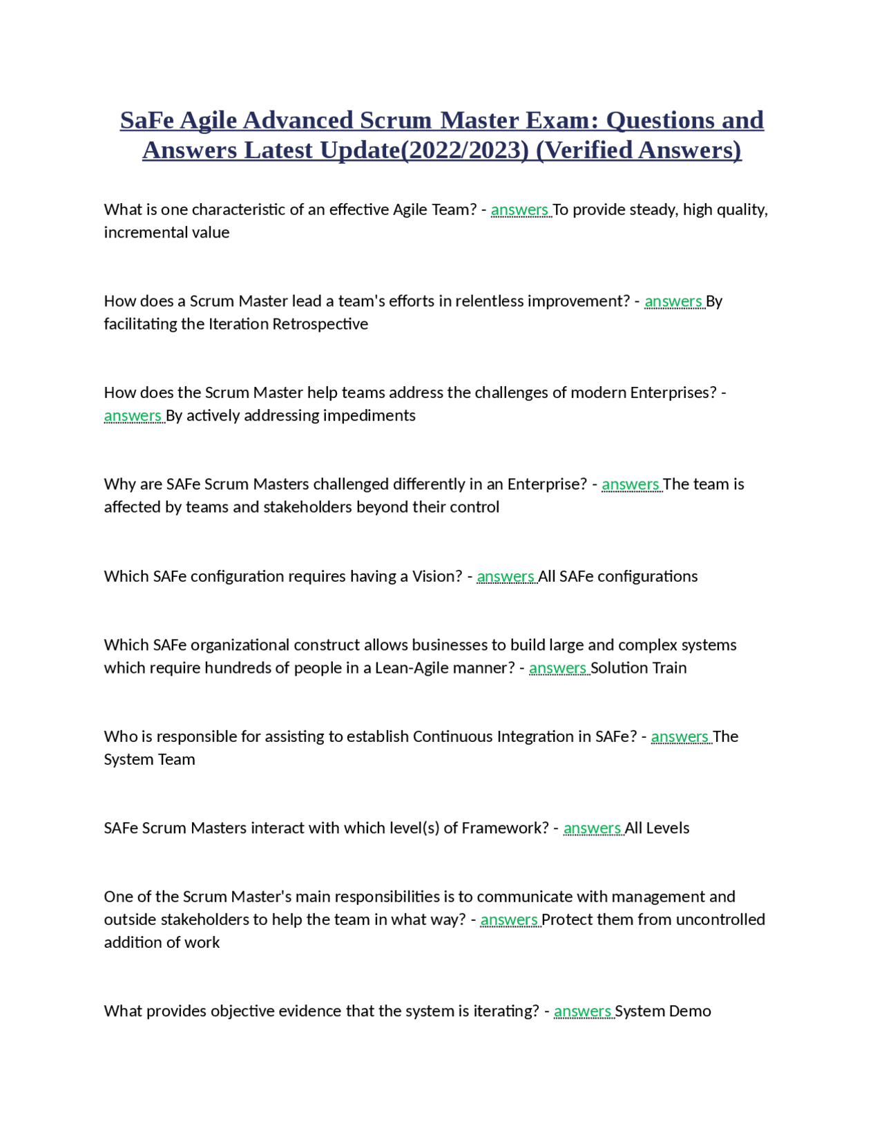 SaFe Agile Advanced Scrum Master Exam: Questions and Answers Latest ...