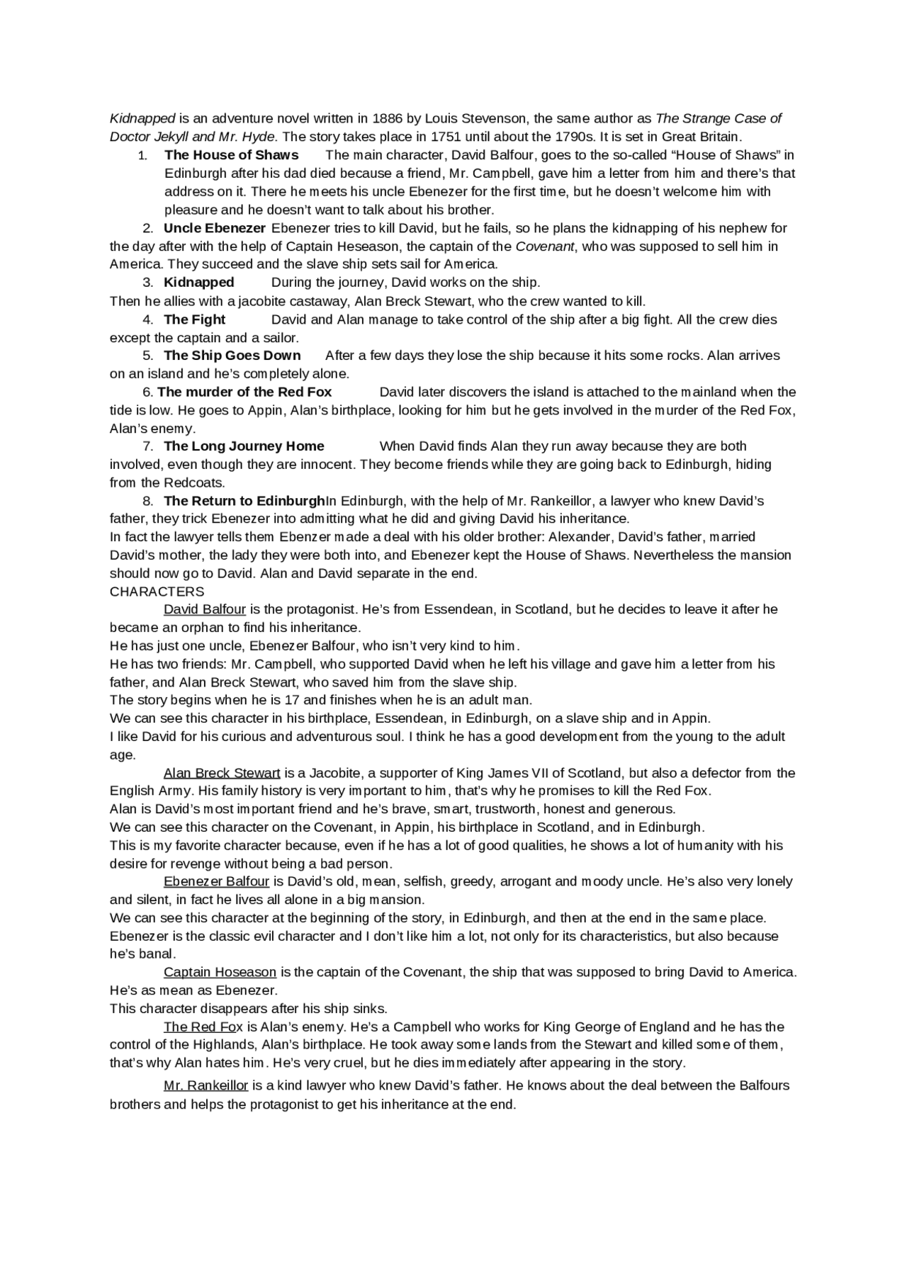 Kidnapped, sintesi superiori | Sintesi del corso di Inglese | Docsity