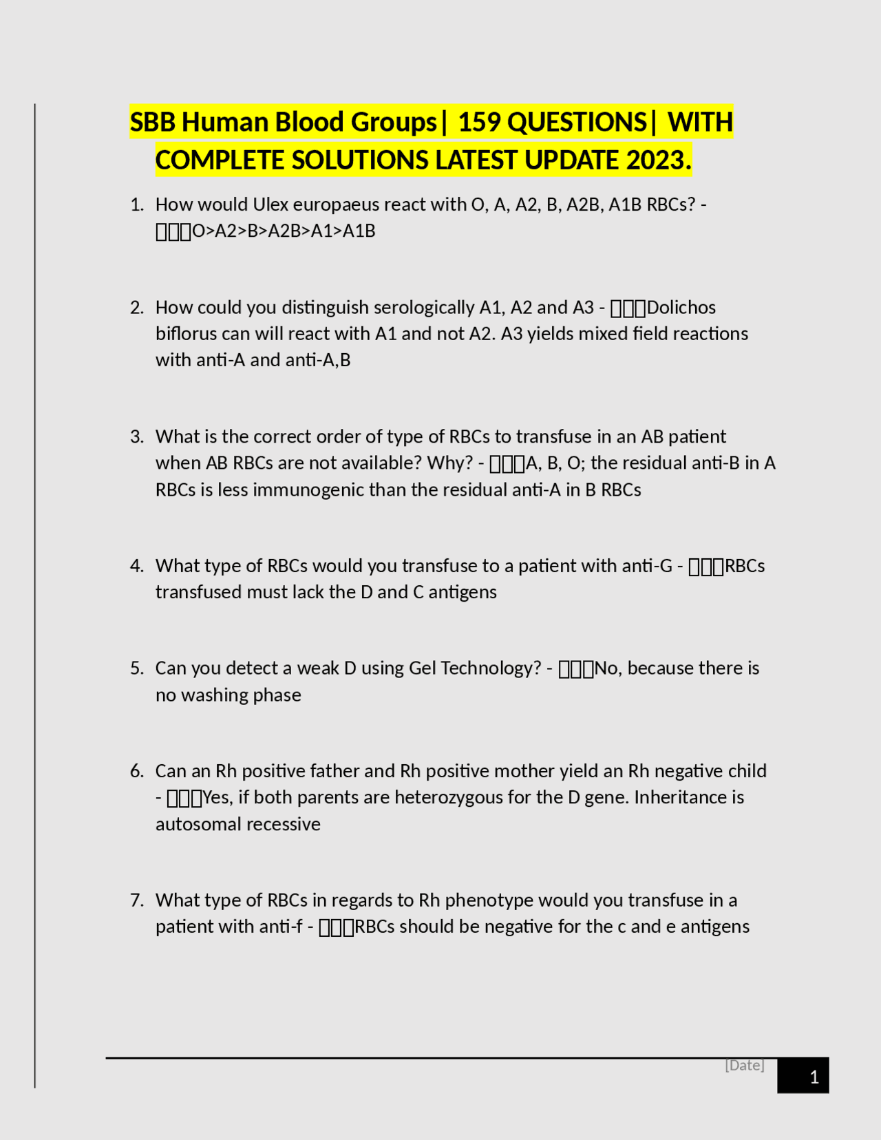 SBB Human Blood Groups| 159 QUESTIONS| WITH COMPLETE SOLUTIONS LATEST ...