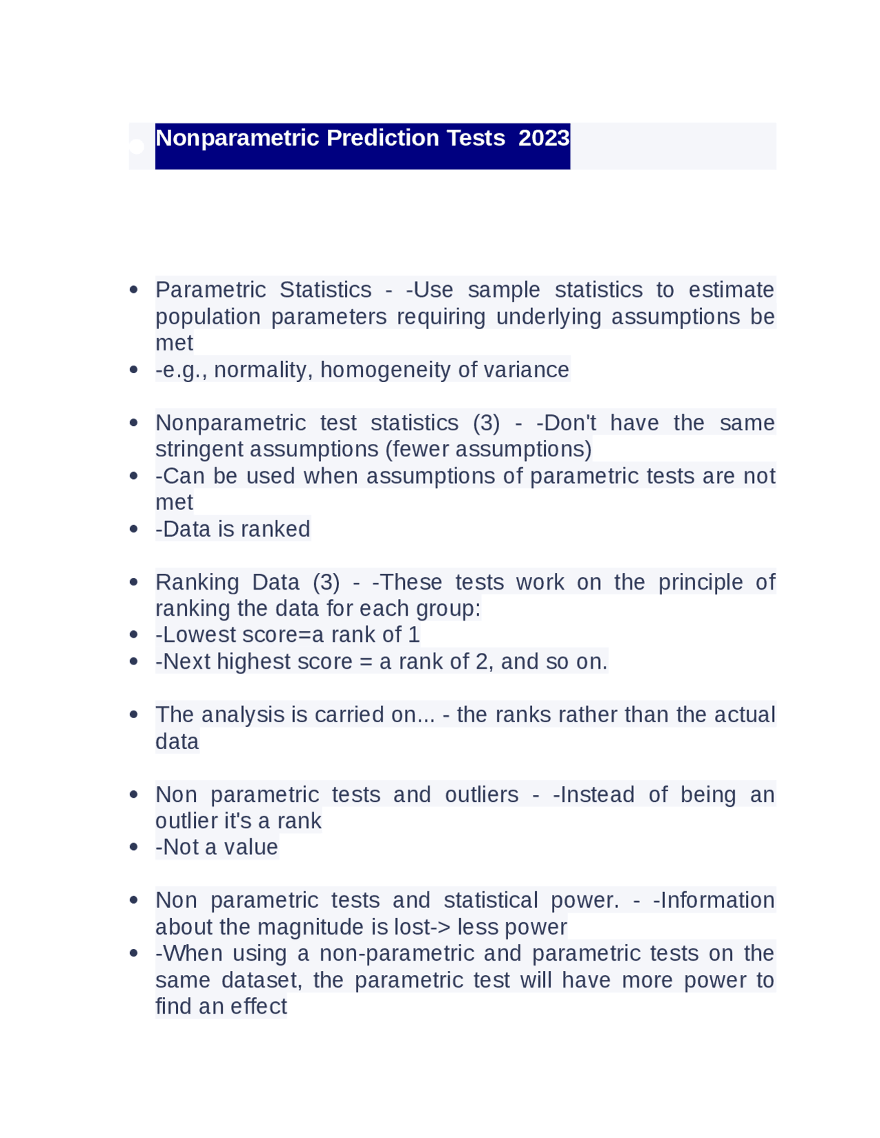 Nonparametric Prediction Tests 2023 Exams Statistics Docsity