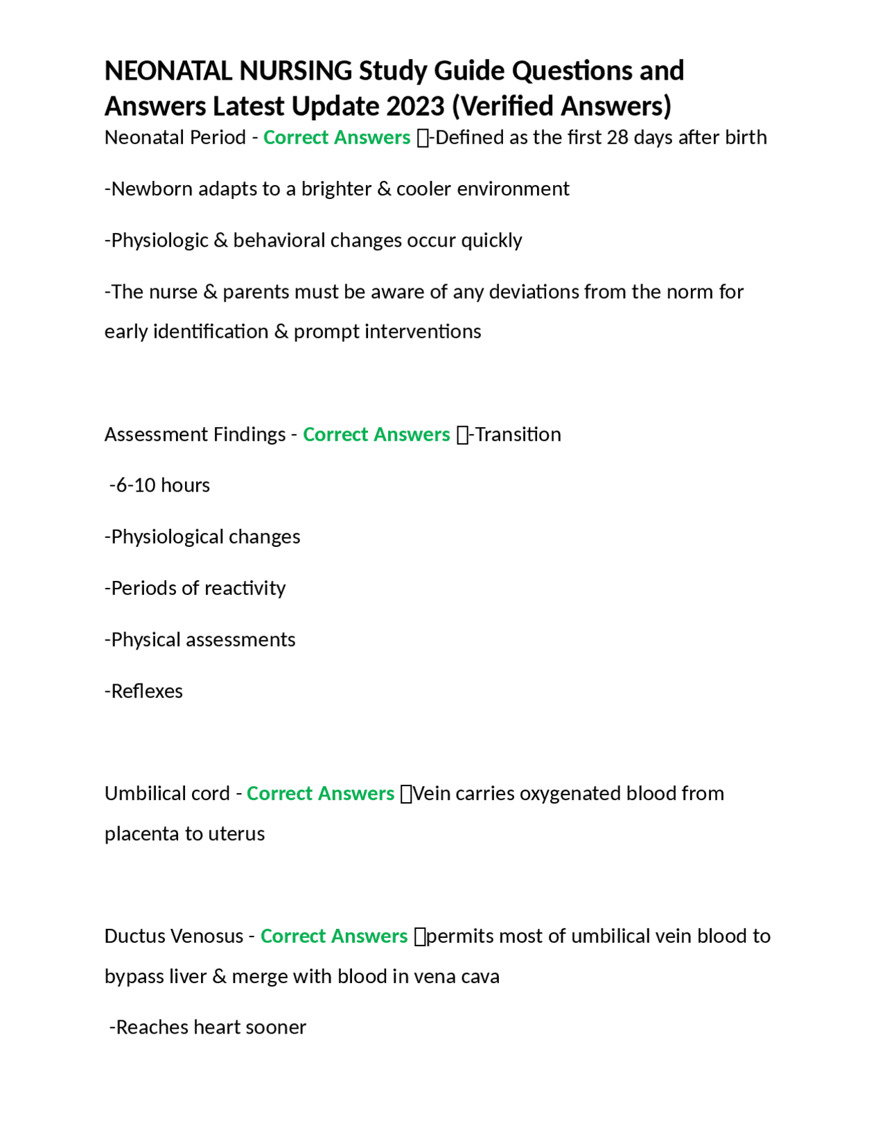 Neonatal Nursing Study Guide Questions and Answers | Exams Nursing ...