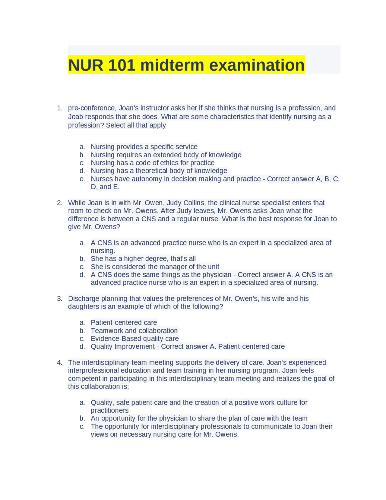 NUR 101 midterm examination | Exams Nursing | Docsity