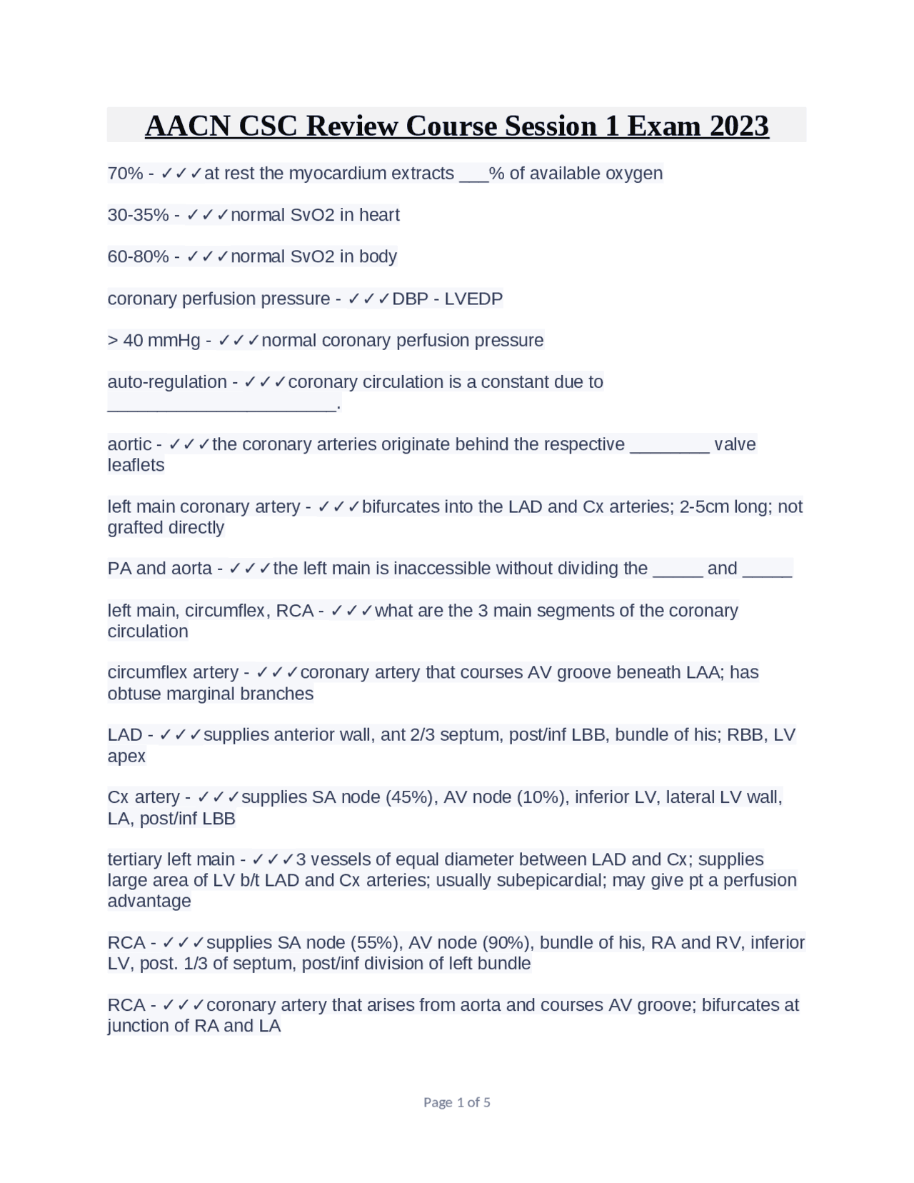 AACN CSC Review Course Session 1 Exam 2023 | Exams Public Health | Docsity