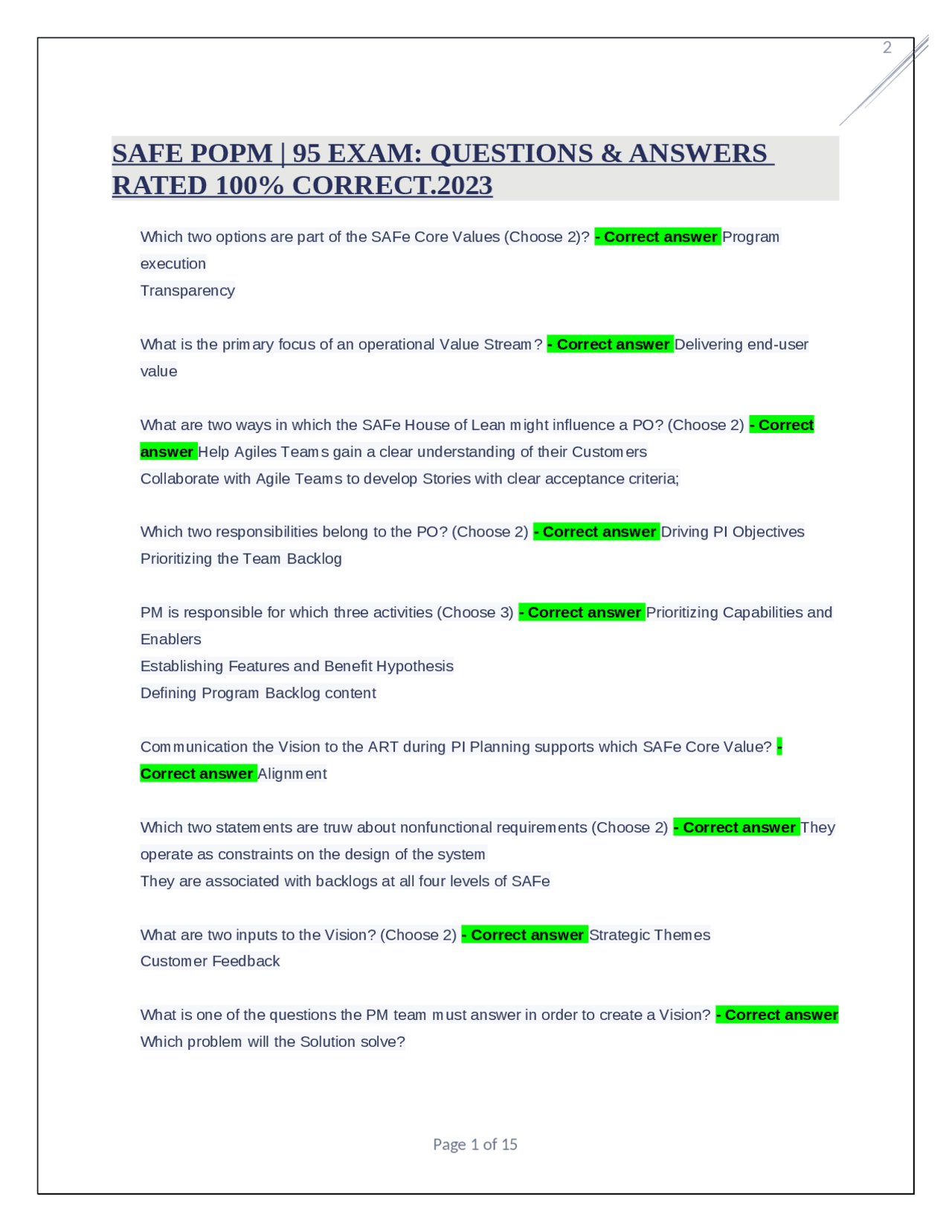 SAFe Popm Exam Questions and Answers | Exams Humanities | Docsity