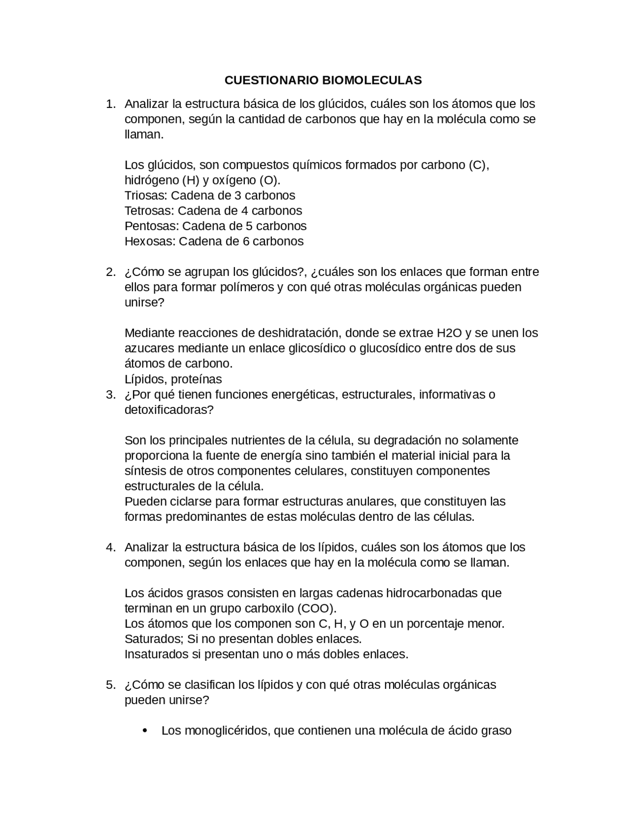 Cuestionario Biomoléculas | Ejercicios de Biología Celular | Docsity