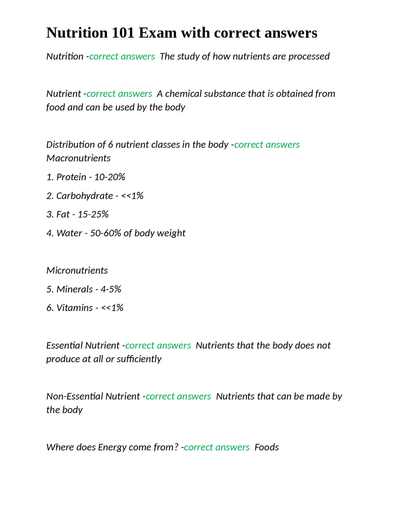 Nutrition 101 Exam with correct answers | Exams Nursing | Docsity