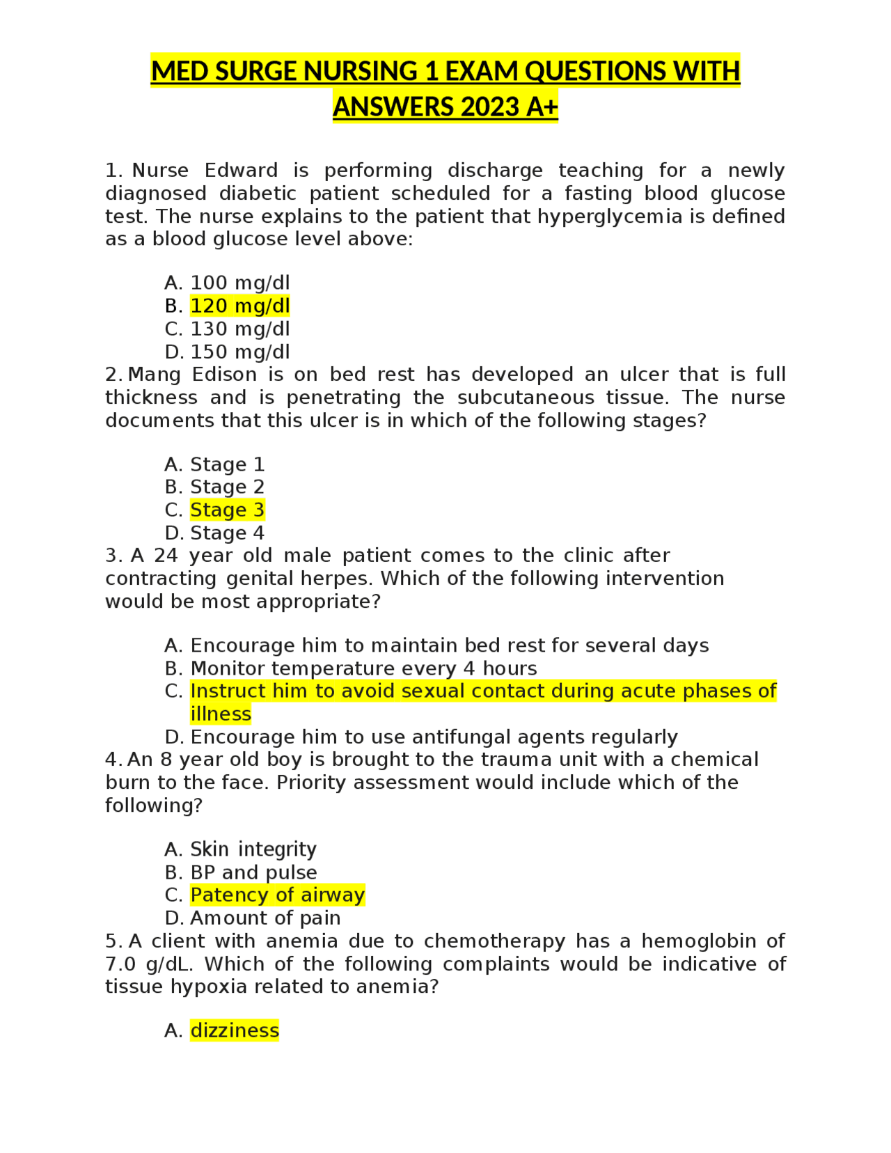 MED SURGE NURSING 1 EXAM QUESTIONS WITH ANSWERS 2023 A+ | Exams Nursing ...