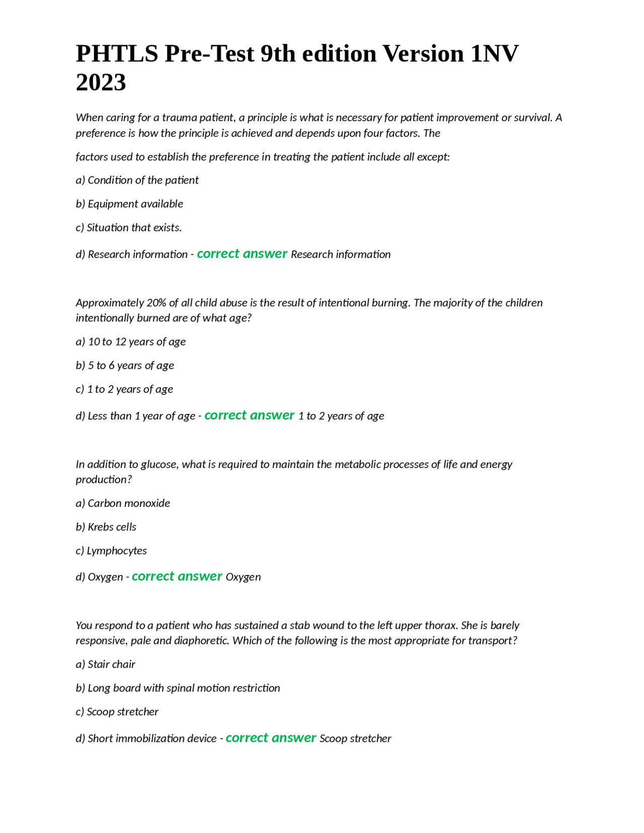 PHTLS Pre-Test 9th edition Version 1NV 2023 | Exams Nursing | Docsity