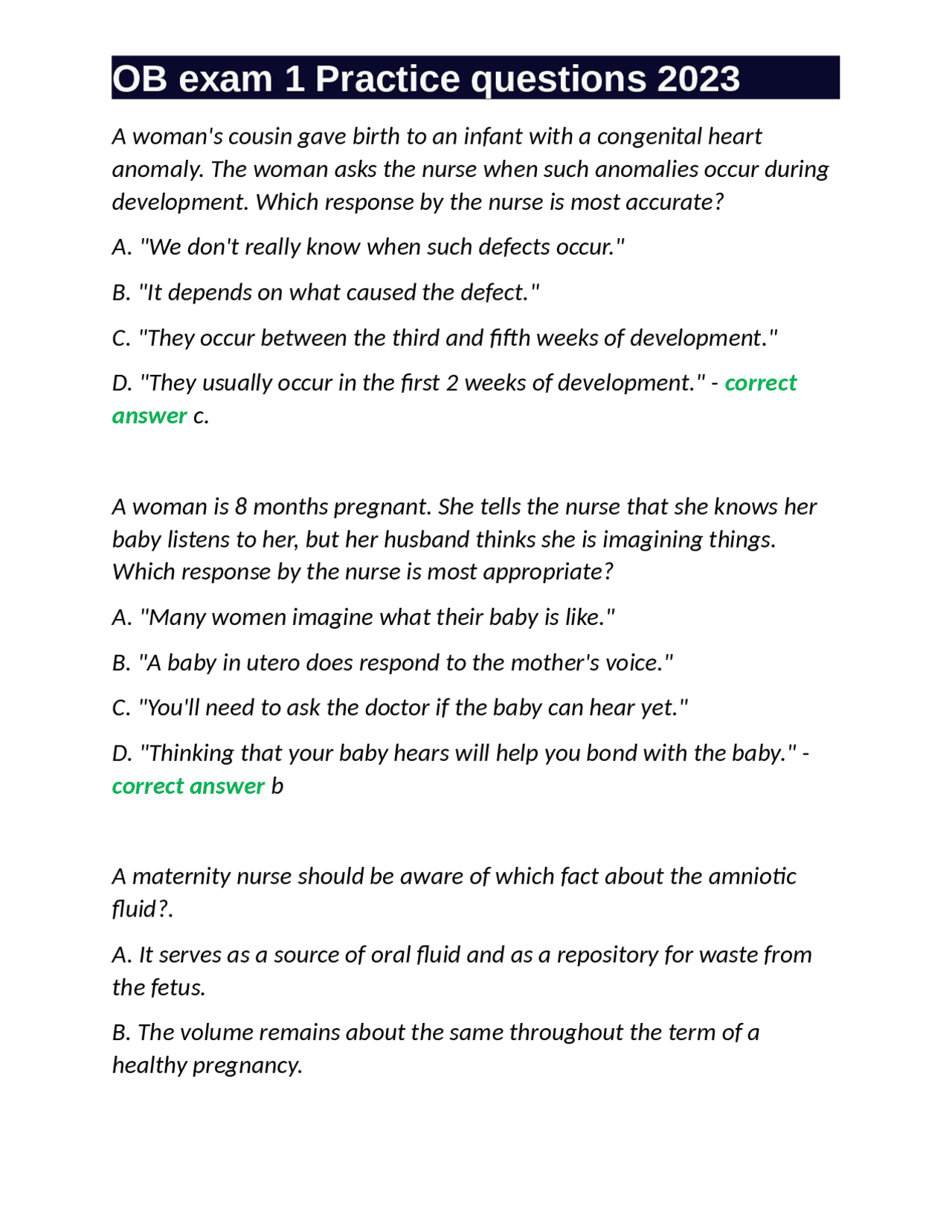 OB exam 1 Practice questions 2023 | Exams Nursing | Docsity