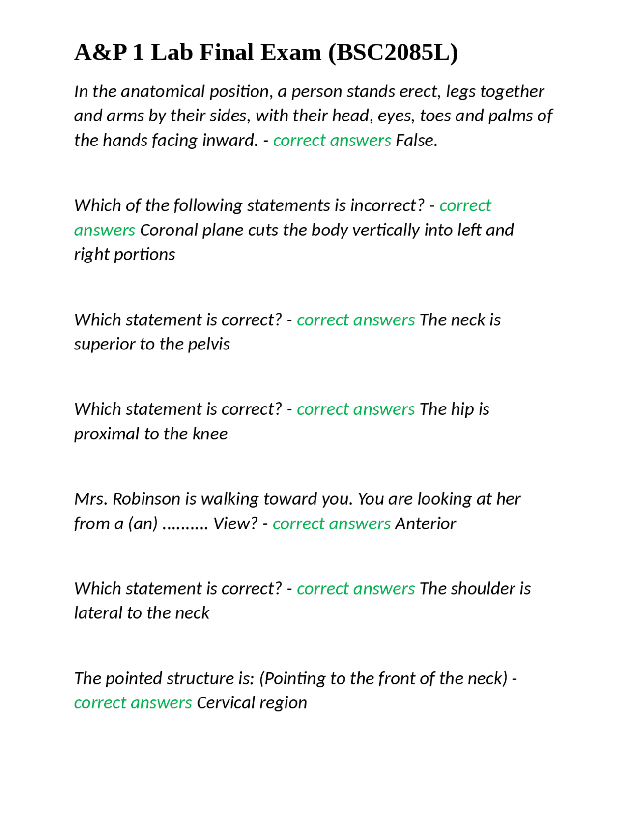 A&P 1 Lab Final Exam (BSC2085L) | Exams Nursing | Docsity