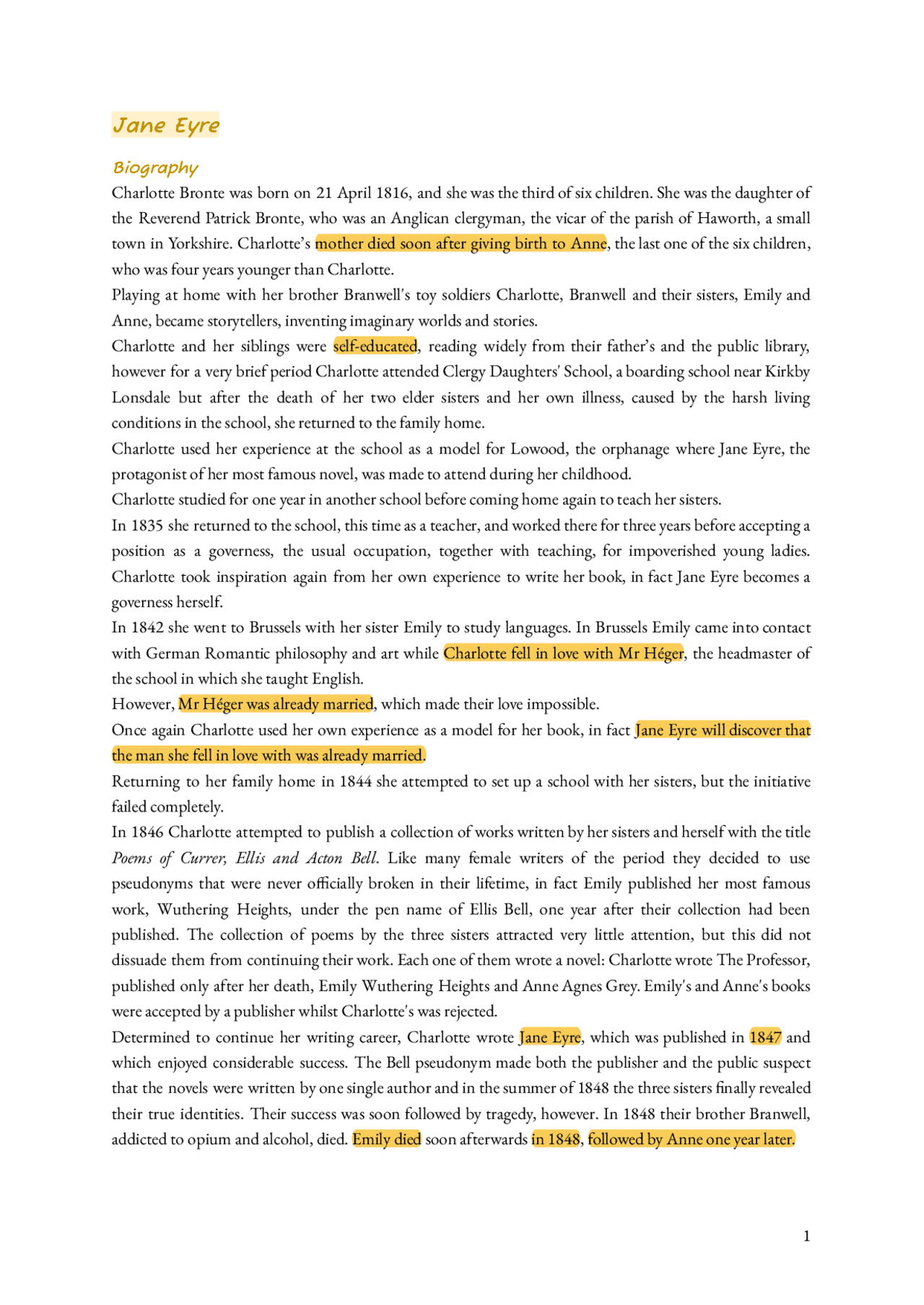 Biografia Di Jane Eyre Appunti Di Inglese Docsity