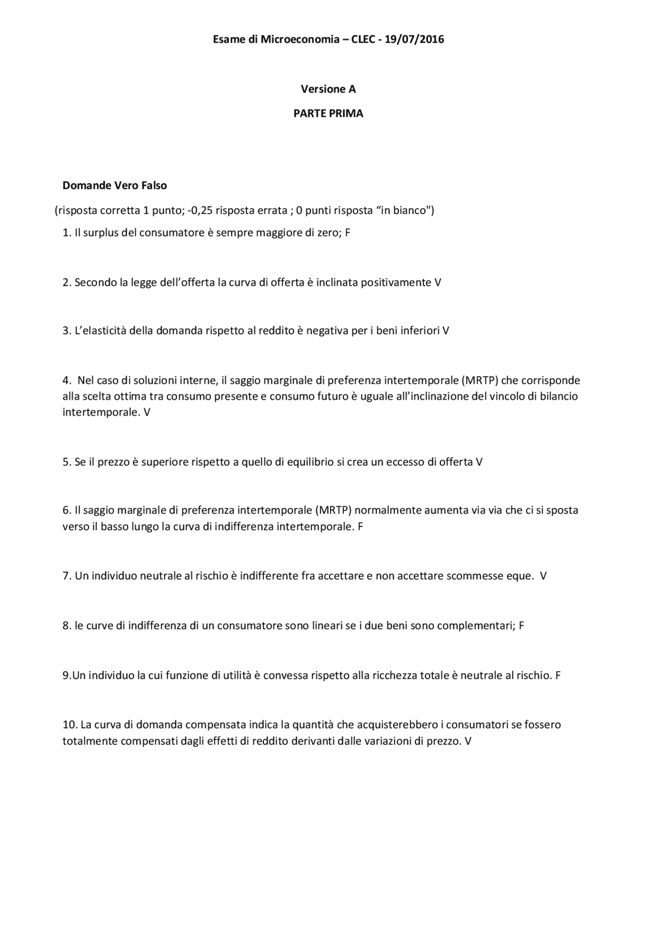 Domande Vero O Falso Microeconomia Esercizi Di Microeconomia Docsity