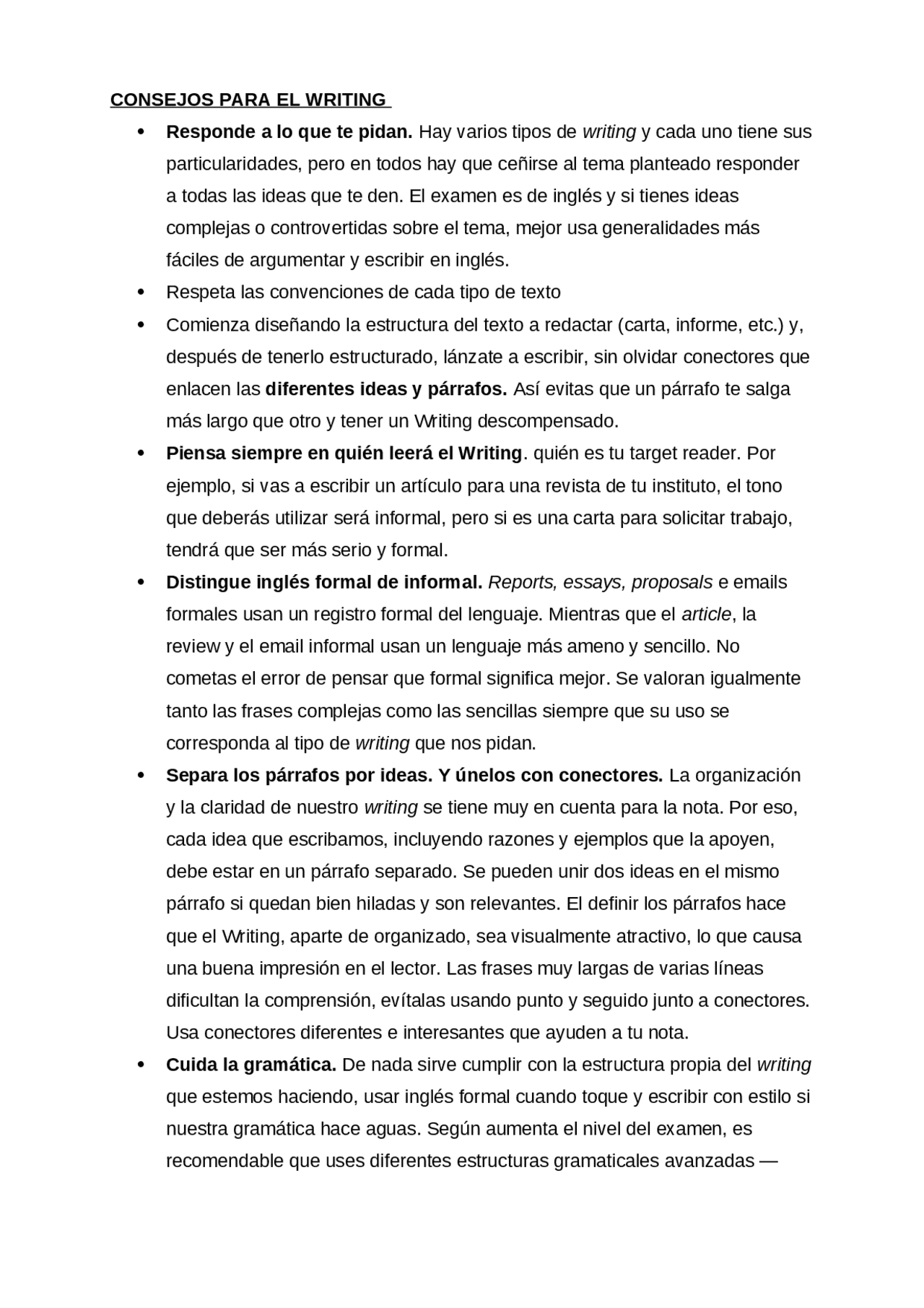 Consejos para writing | Apuntes de Inglés | Docsity