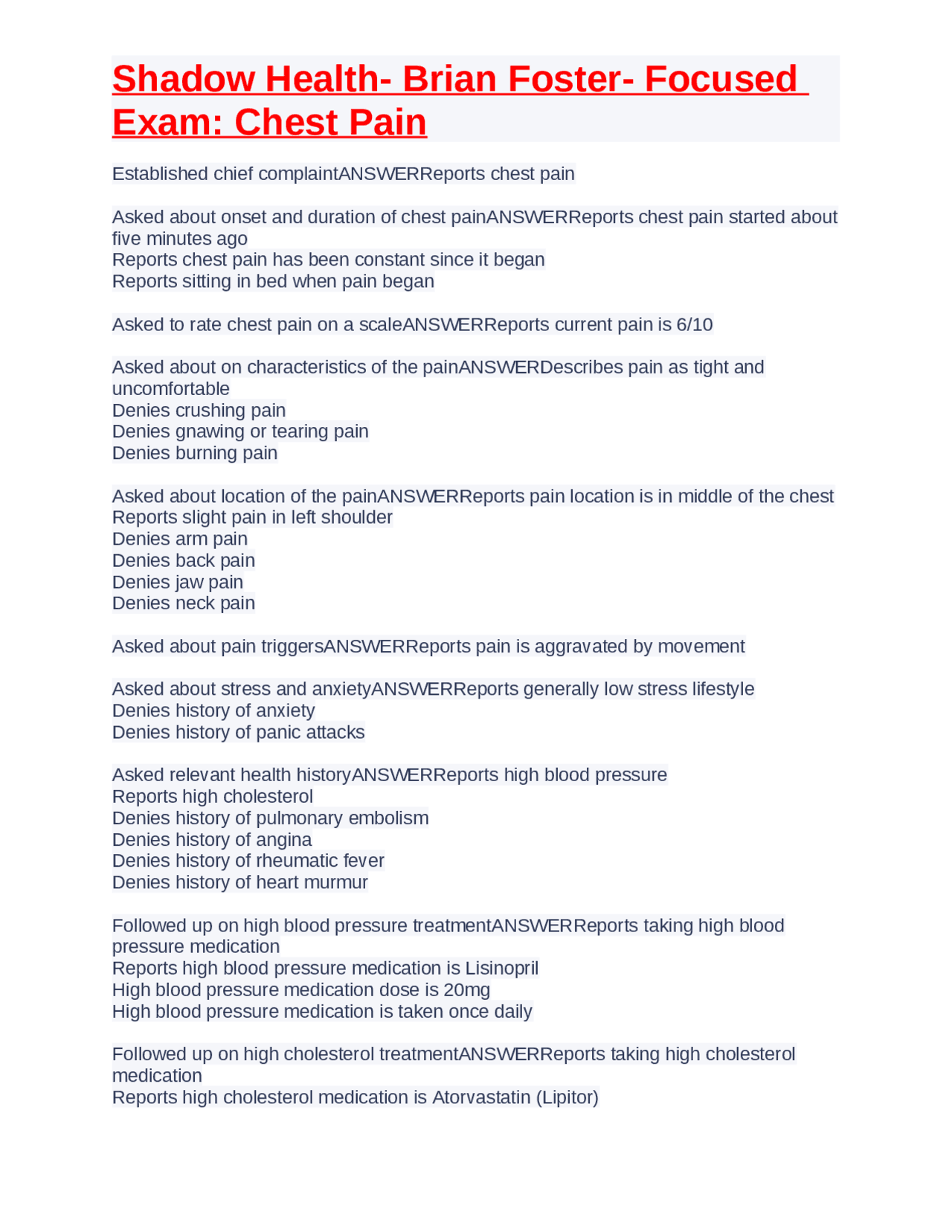 Shadow Health- Brian Foster- Focused Exam: Chest Pain | Exams Health ...