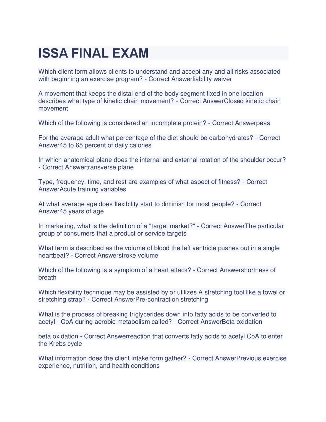 ISSA FINAL EXAM LATEST 2023 | Exams Nursing | Docsity