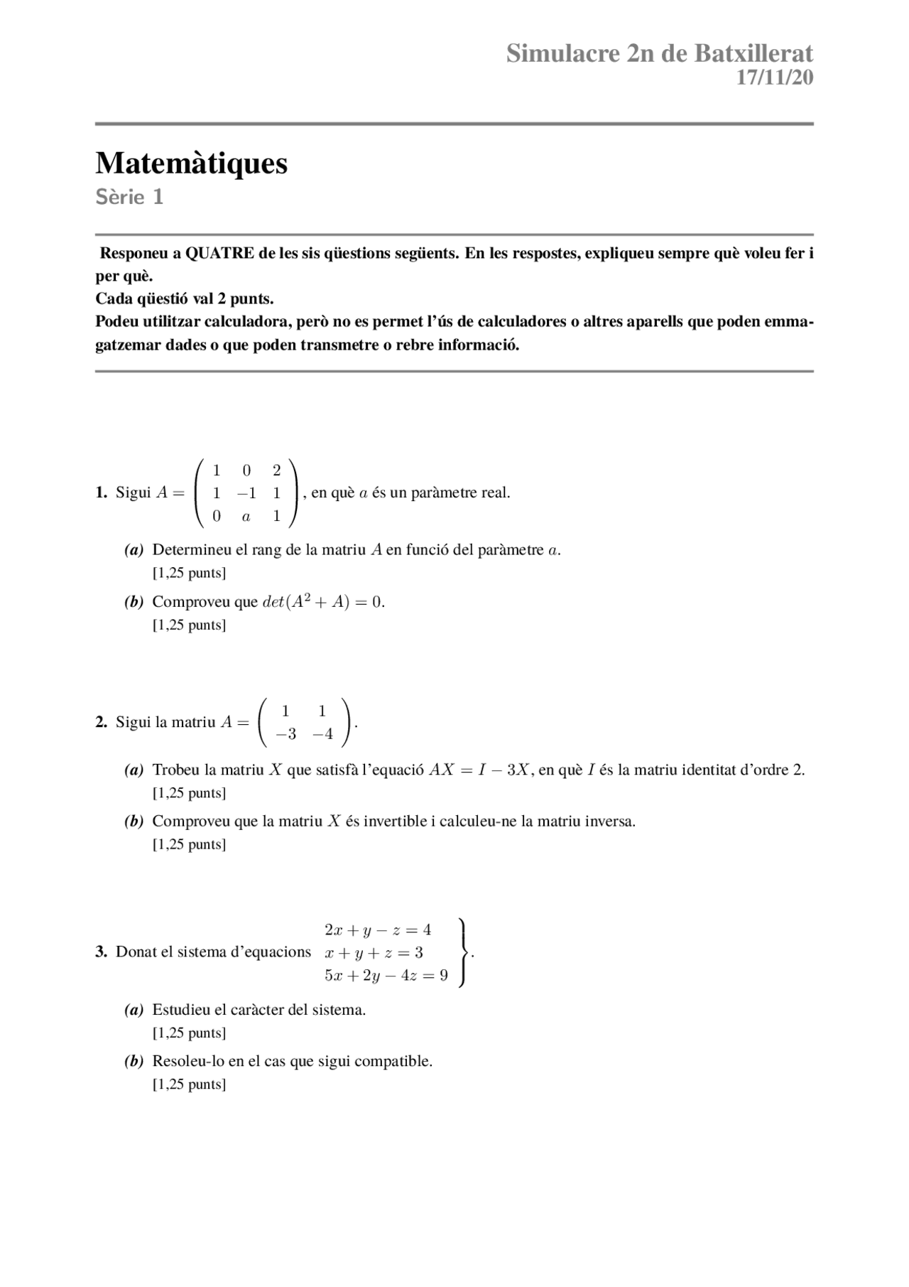 Examen Algebra Lineal Exámenes Selectividad De Matemáticas Docsity