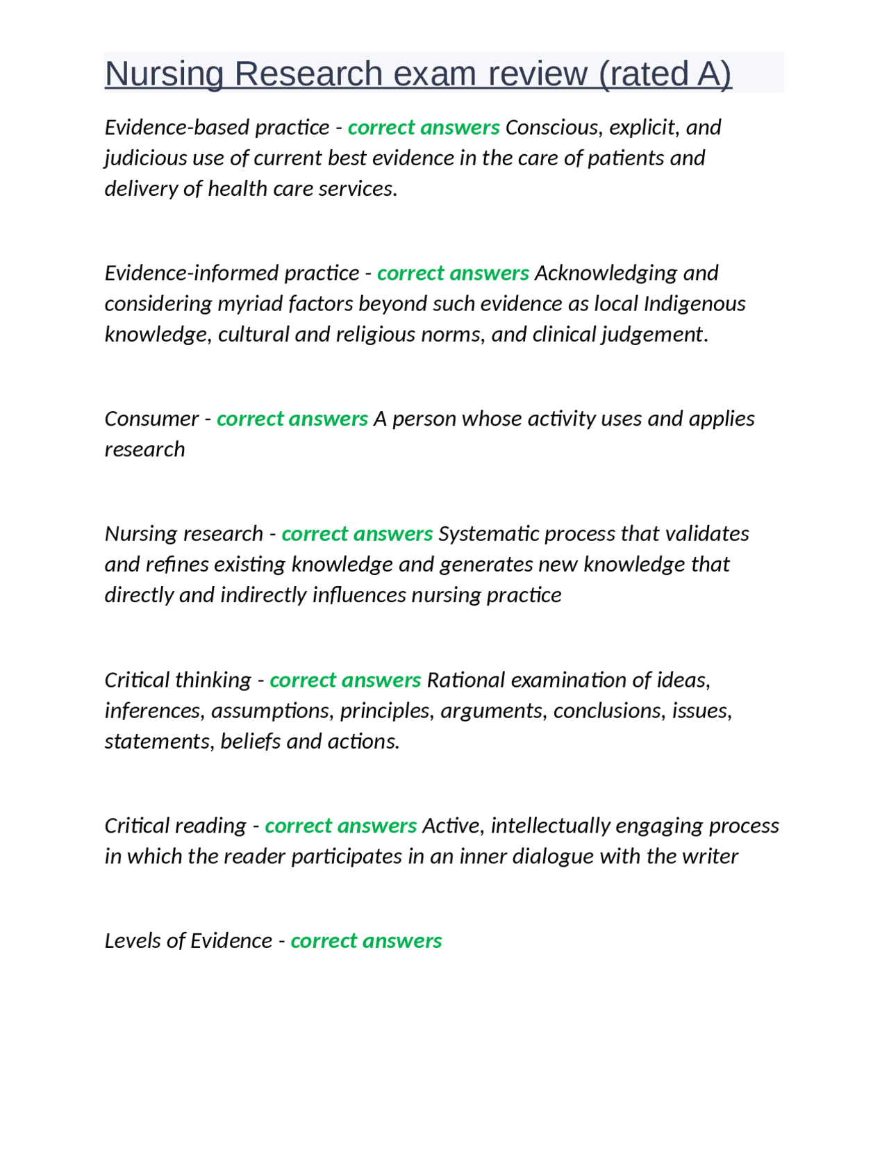 Nursing Research exam review (rated A) | Exams Nursing | Docsity