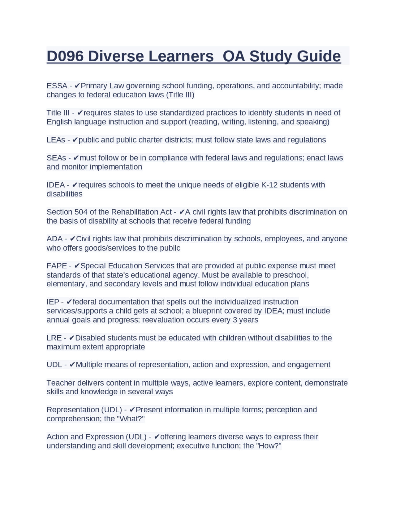 D096 Diverse Learners OA Study Guide | Exams Advanced Education | Docsity