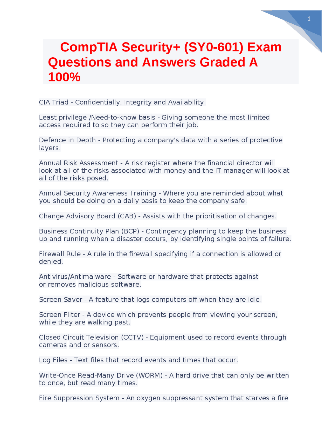 CompTIA Security+ (SY0-601) Exam Questions and Answers Graded A 100% ...