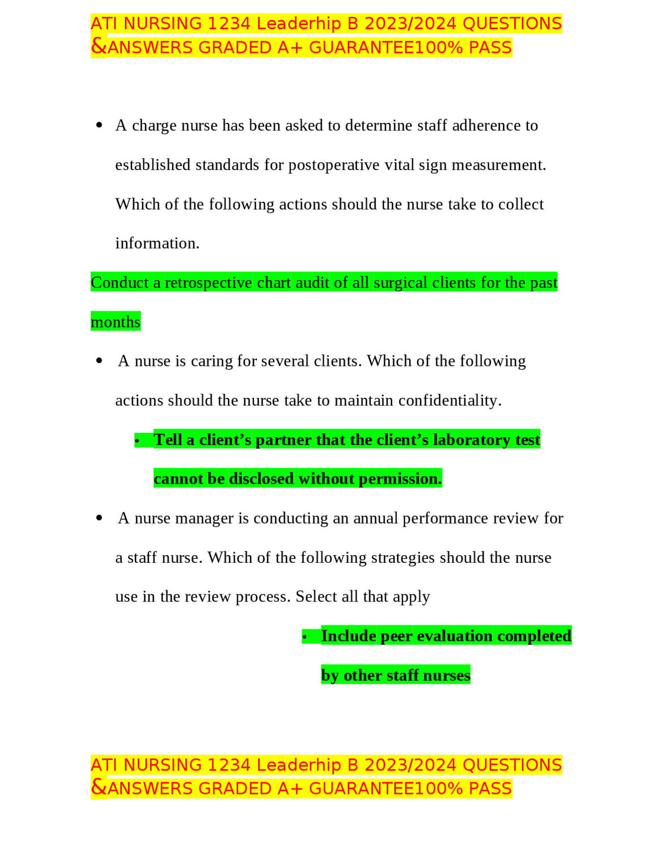ATI NURSING 1234 Leaderhip B 2023/2024 QUESTIONS &ANSWERS GRADED A+ ...